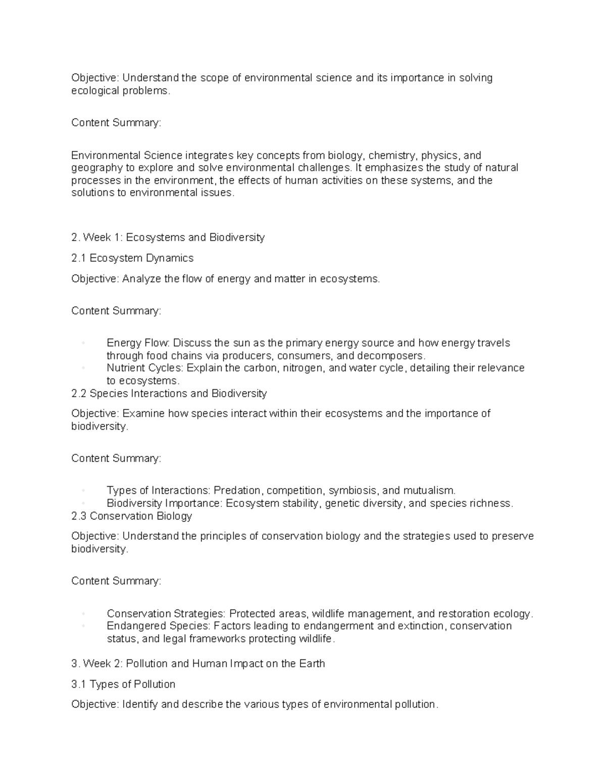 Enviornmental Science Sophia DOCX - Objective: Understand the scope of ...