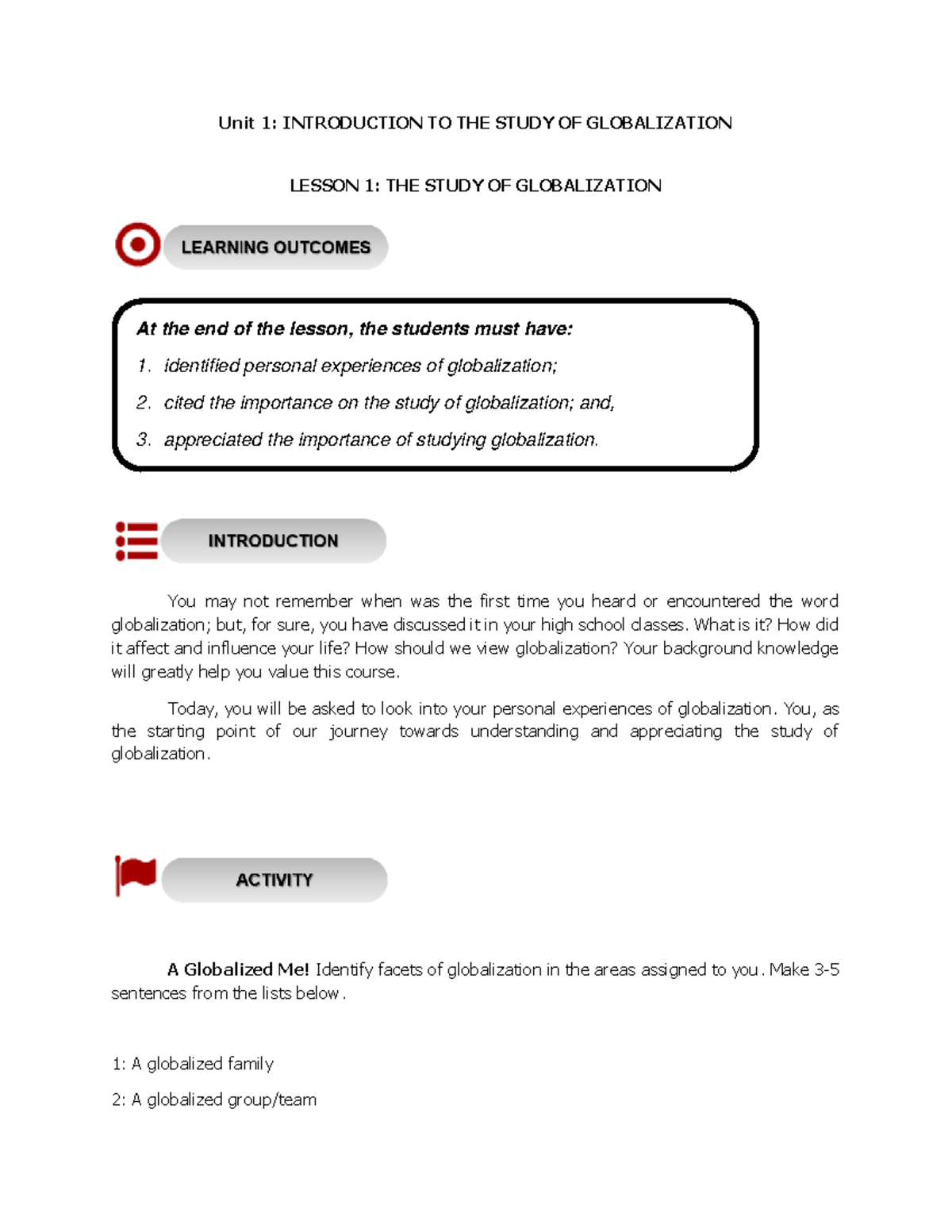 1 Unit 1 Introduction to the Study of Globalization - Unit 1: INTRODUCTION TO THE STUDY OF - Studocu
