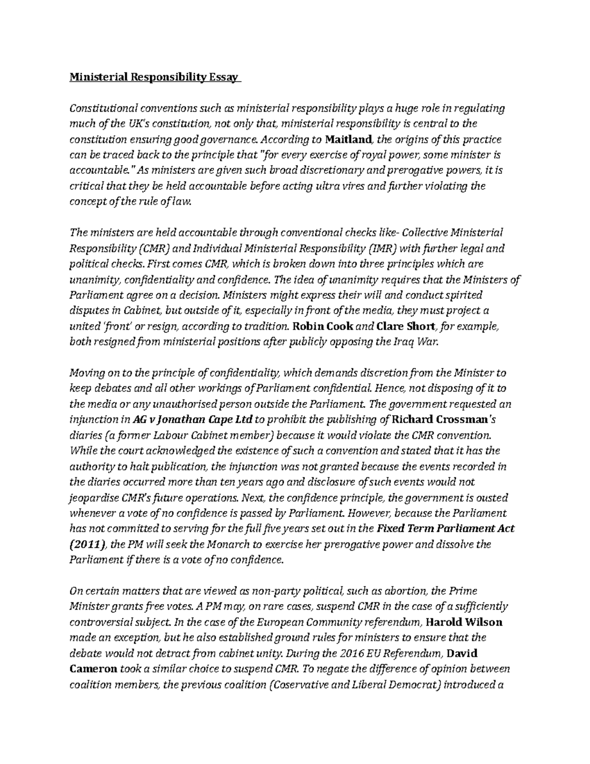 Ministerial Responsibility- Essay Answer - Ministerial Responsibility ...