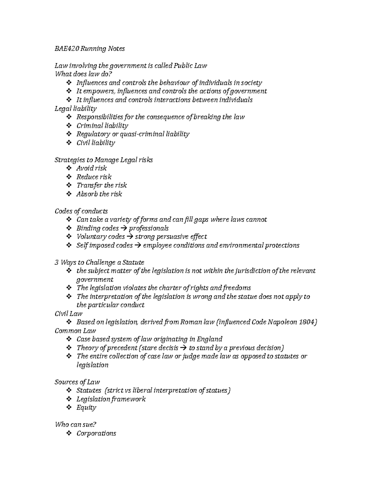 BAE420 Running Notes - Studocu