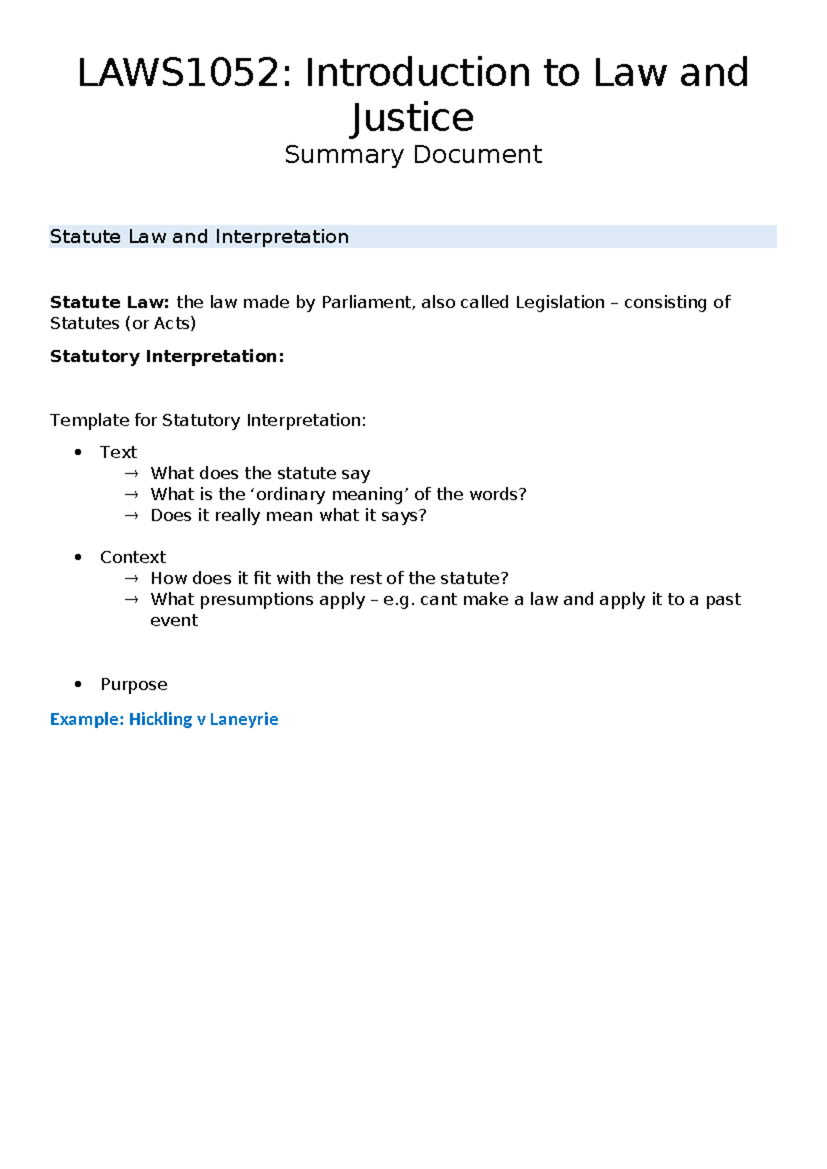 LAWS1052 Summary - LAWS1052: Introduction to Law and Justice Summary ...