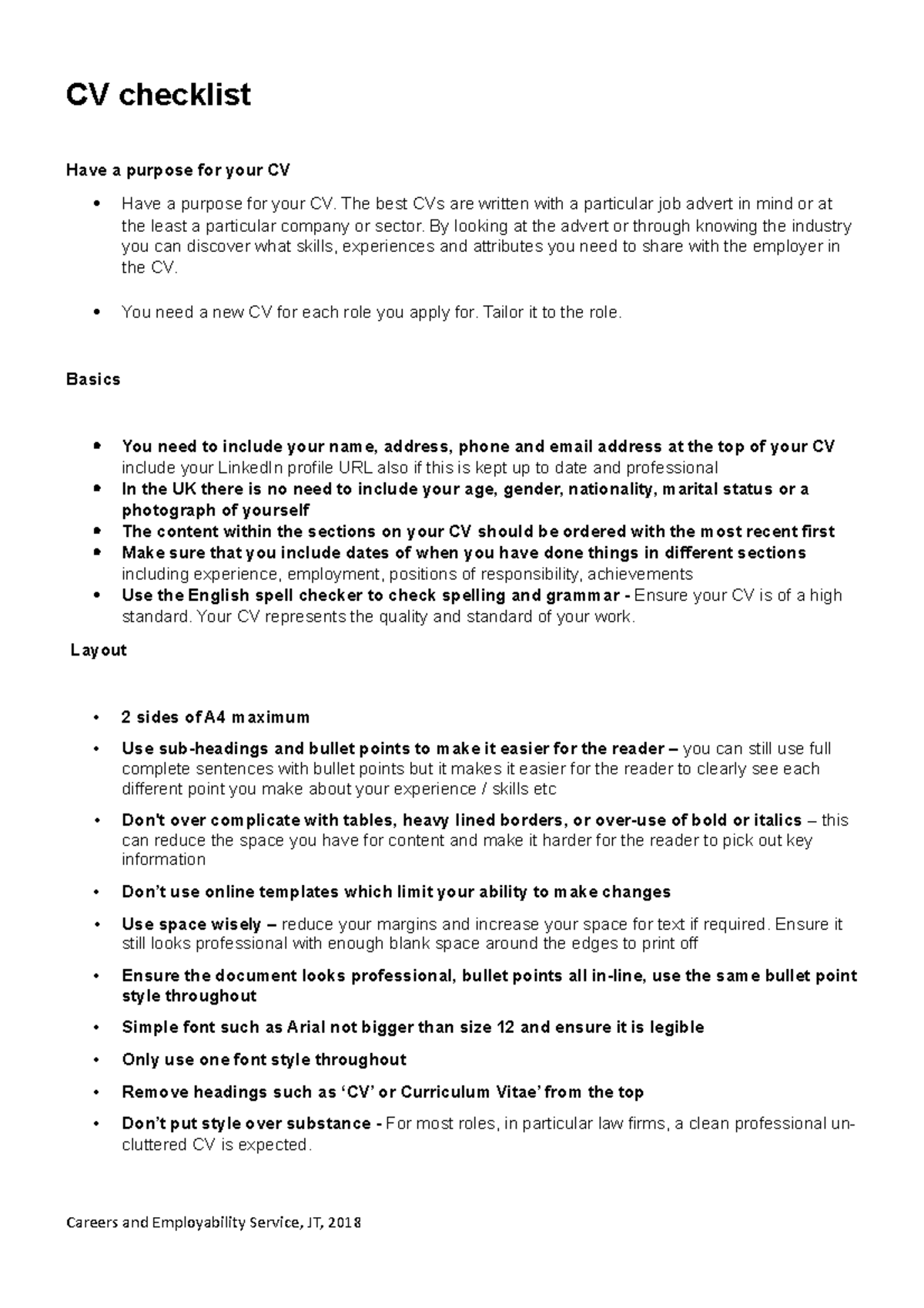 Wkp 3 CV checklist law year 1 2019 - CV checklist Have a purpose for ...