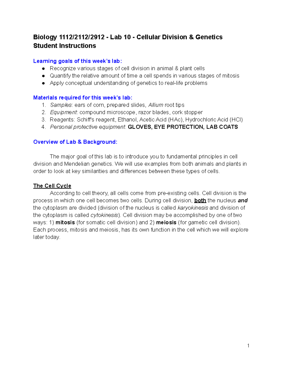 Lab 10 - Cell Division & Genetics - Student Instructions - Biology 1112 ...