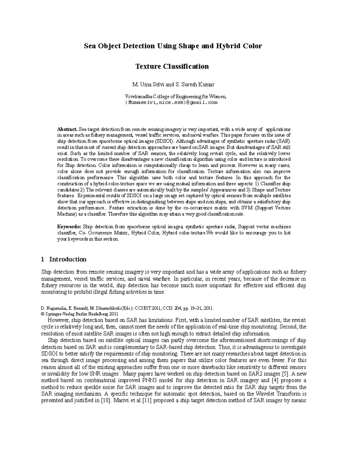 Sea Object Detection Using Shape And Hybrid Color Uma Selvi And S