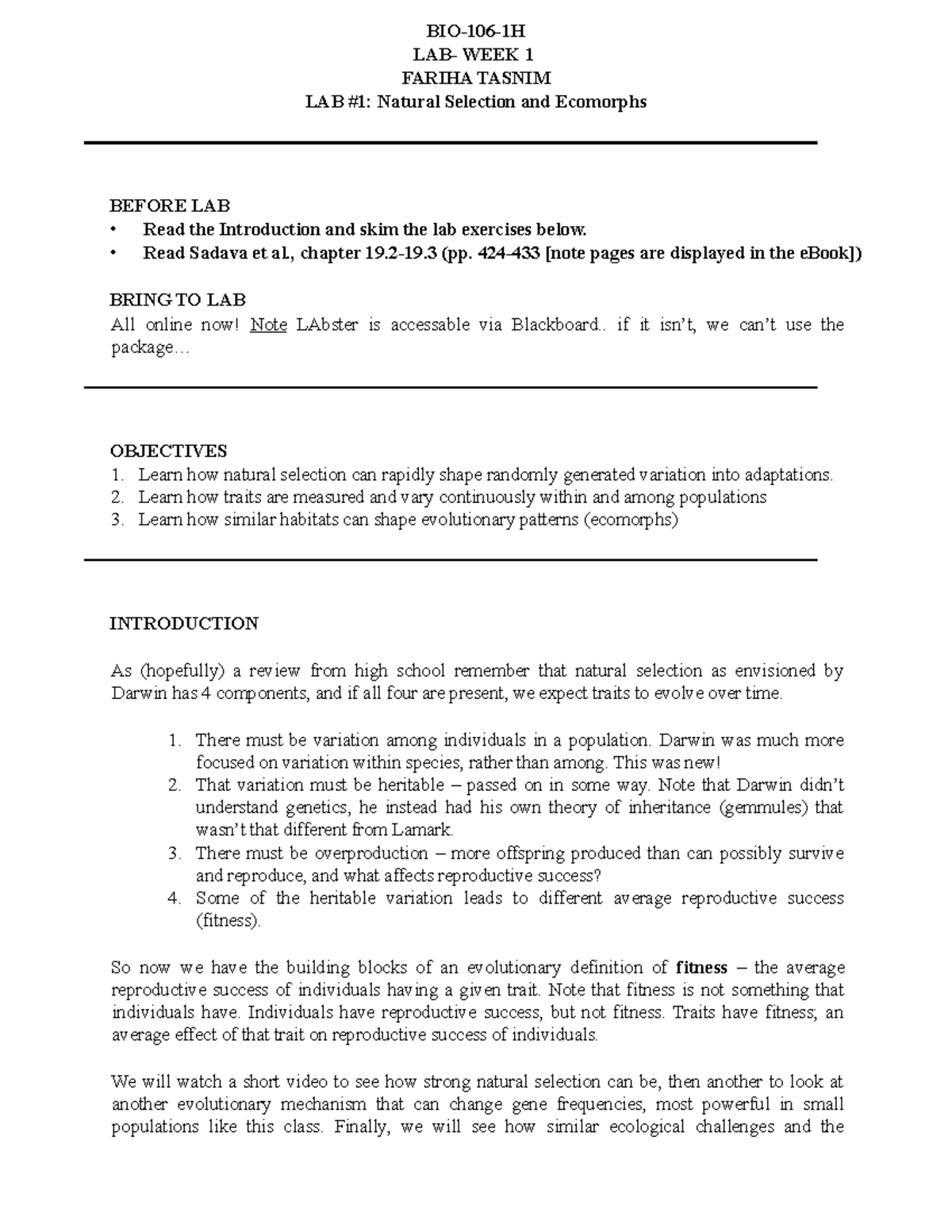 Bio lab report 1 - NA rgtrgtherheyj yhytd - BIO-106-1H LAB- WEEK 1 ...