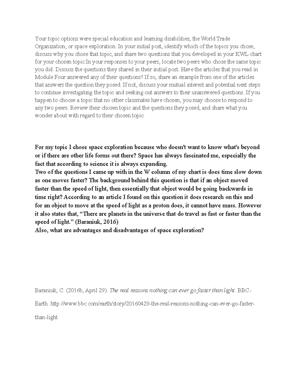 4-3 disscussion Space Exploration - Your topic options were special ...