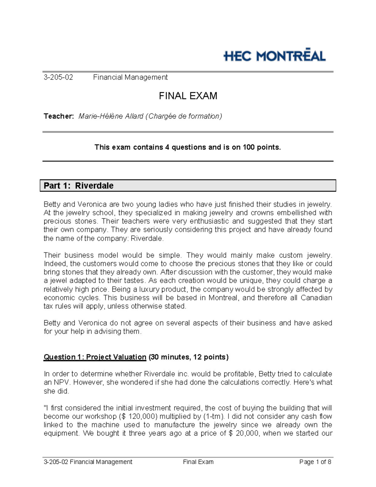 Final Exam Practice - 3 - 205 - 02 Financial Management FINAL EXAM ...