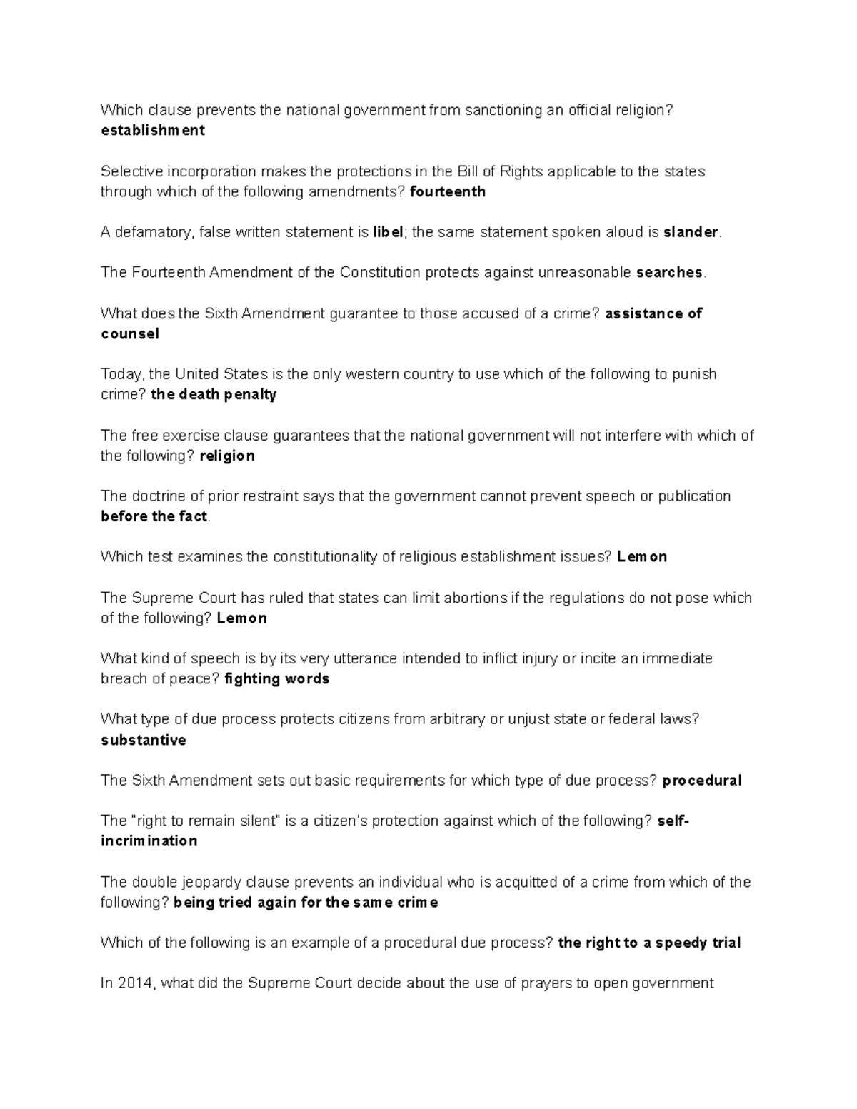 Quiz 4: Civil Liberties Study Guide - Which clause prevents the ...