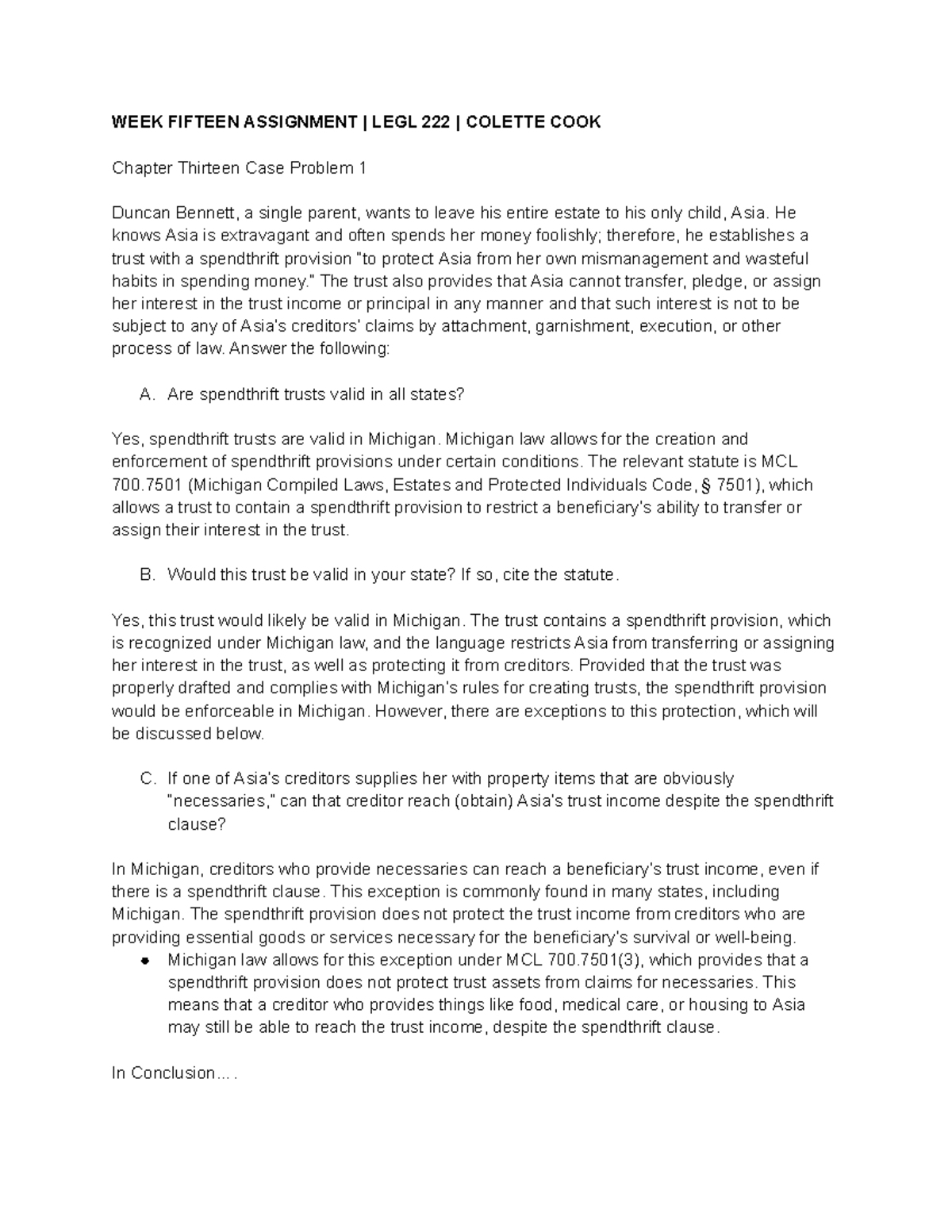 WEEK Fifteen Assignment LEGL 222 Colette COOK - Google Docs - WEEK ...