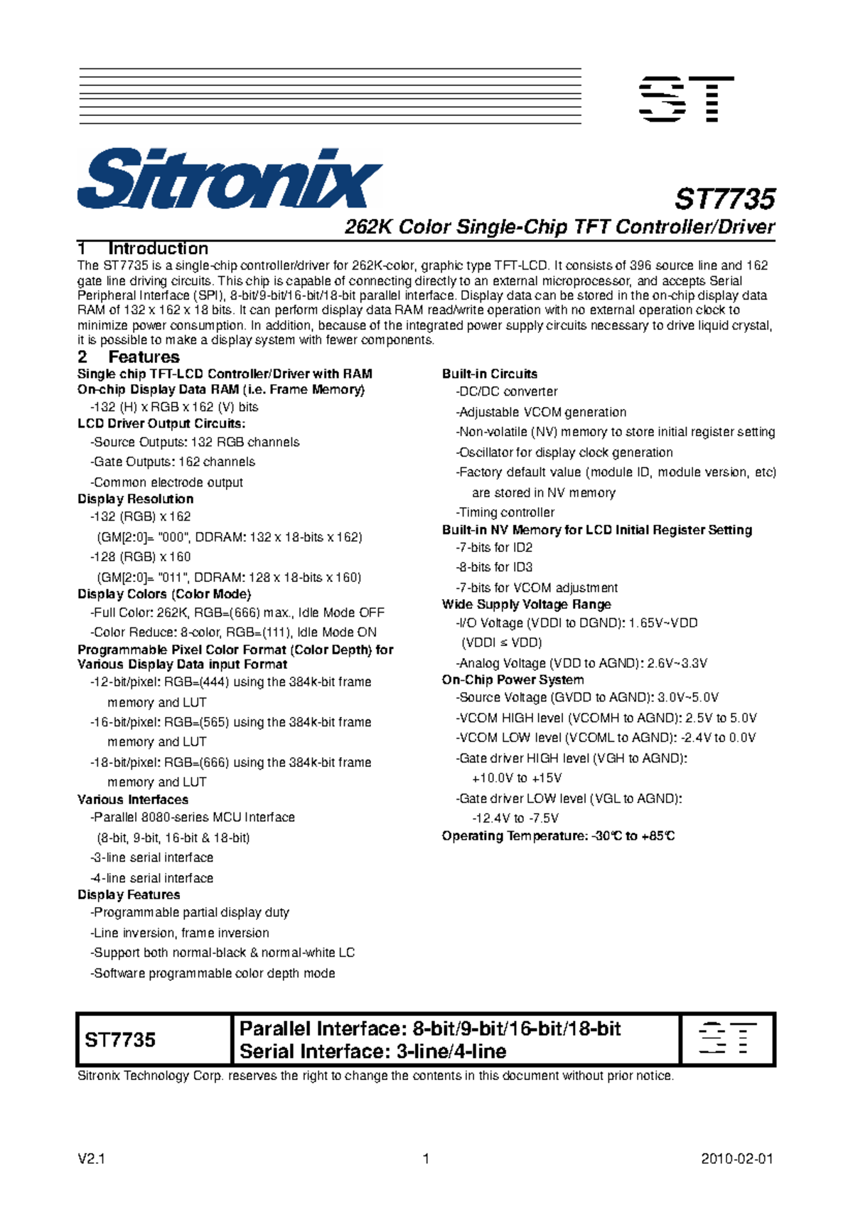 ST7735 - DATASHEET PANTALLA TFT - ST 262K Color Single-Chip TFT ...