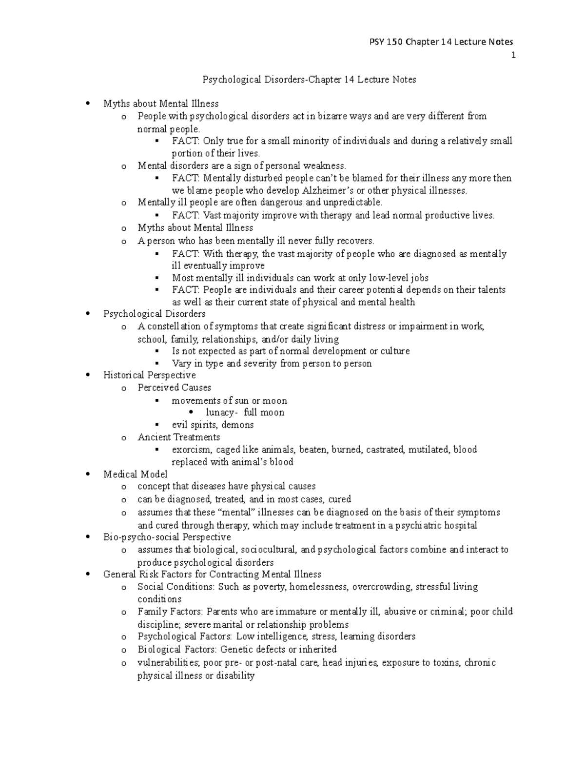 Psychological Disorders Lecture Notes - 1 Psychological Disorders ...