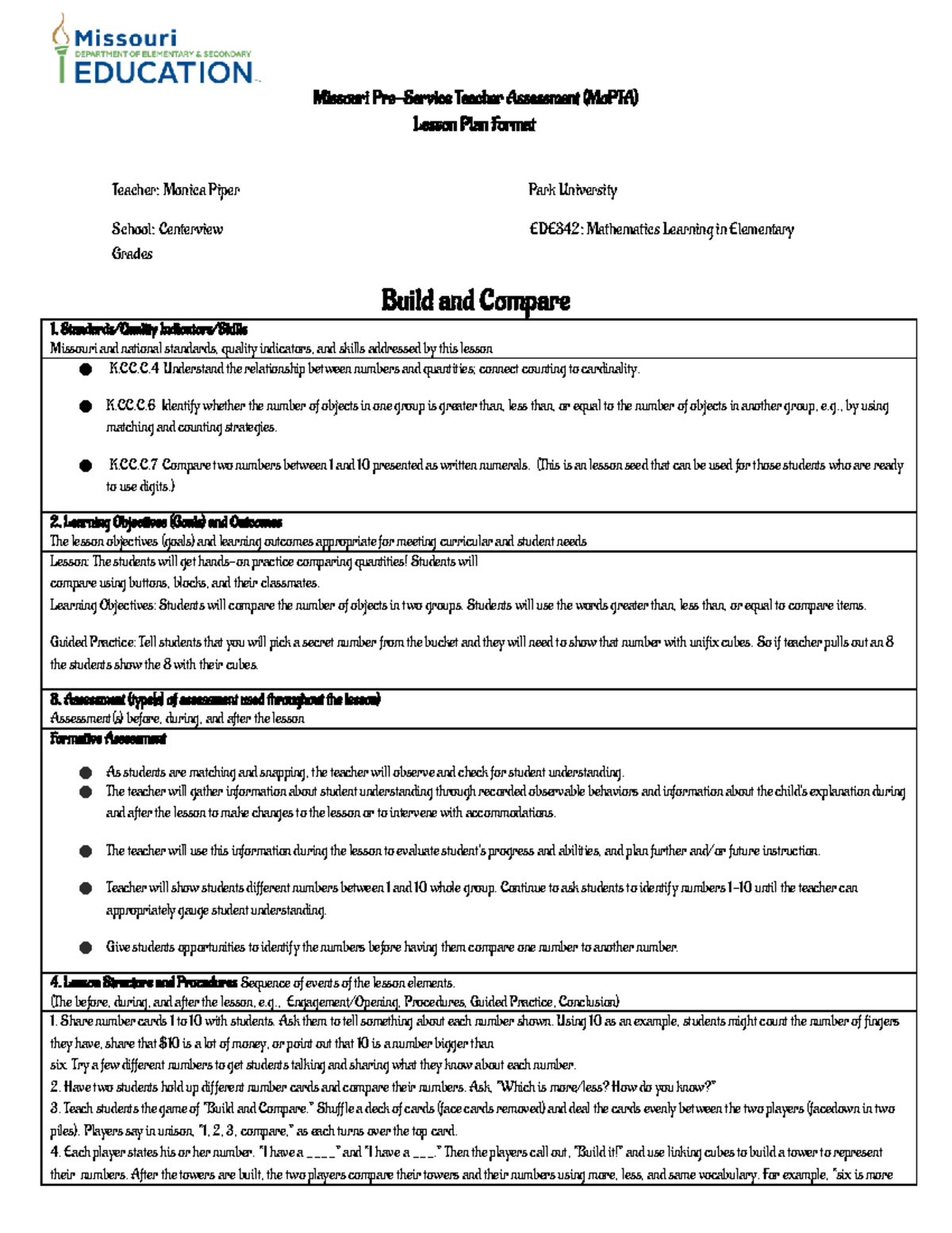 Unit 8 Assignment 1 Lesson Plan - Missouri Pre-Service Teacher ...