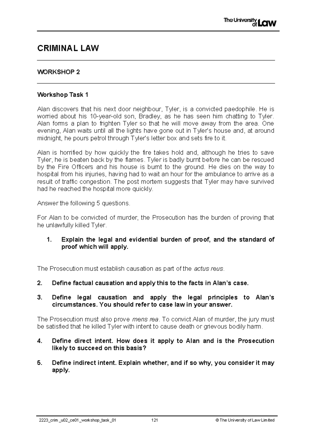 Crim law unit 2 workshop 1 - CRIMINAL LAW WORKSHOP 2 Workshop Task 1 ...