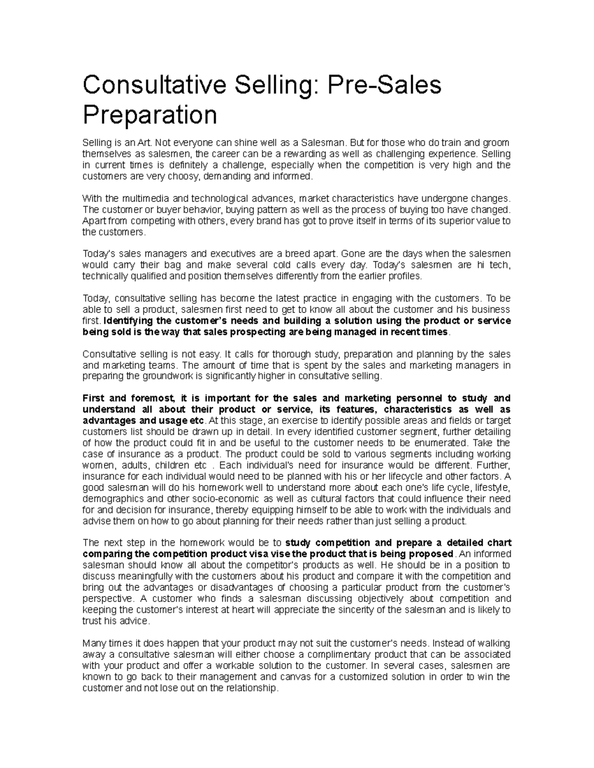 Consultative Selling Pre-Sales Preparation - Consultative Selling: Pre ...