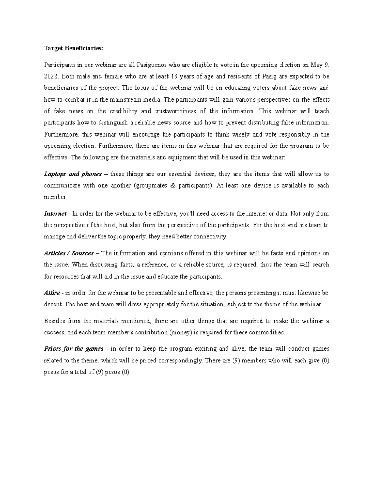 Target beneficiaries and Equipments - Target Beneficiaries ...