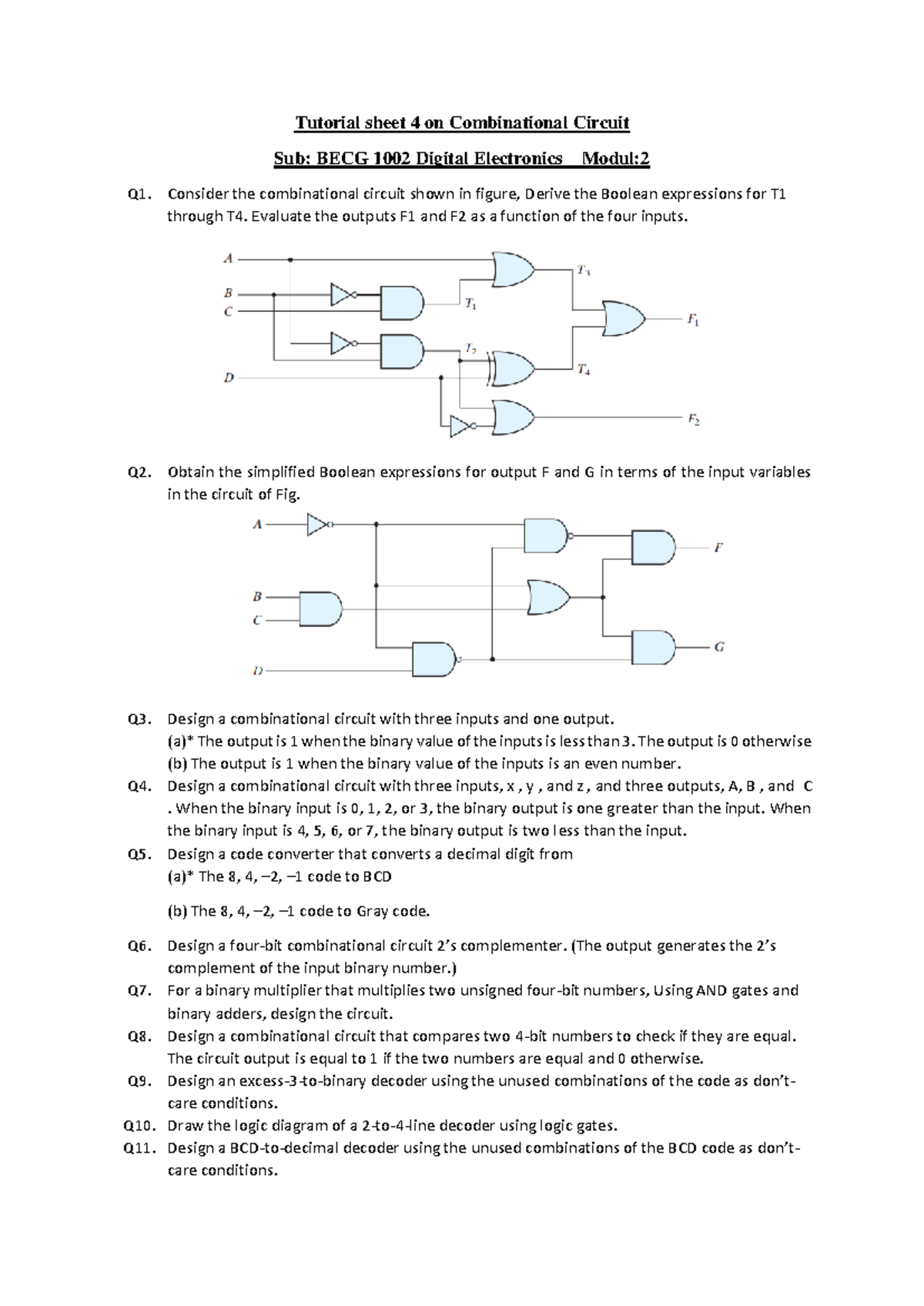 Digital electronics and Digital Logic Design tutorial sheet 3 - Tutorial sheet 4 on ...