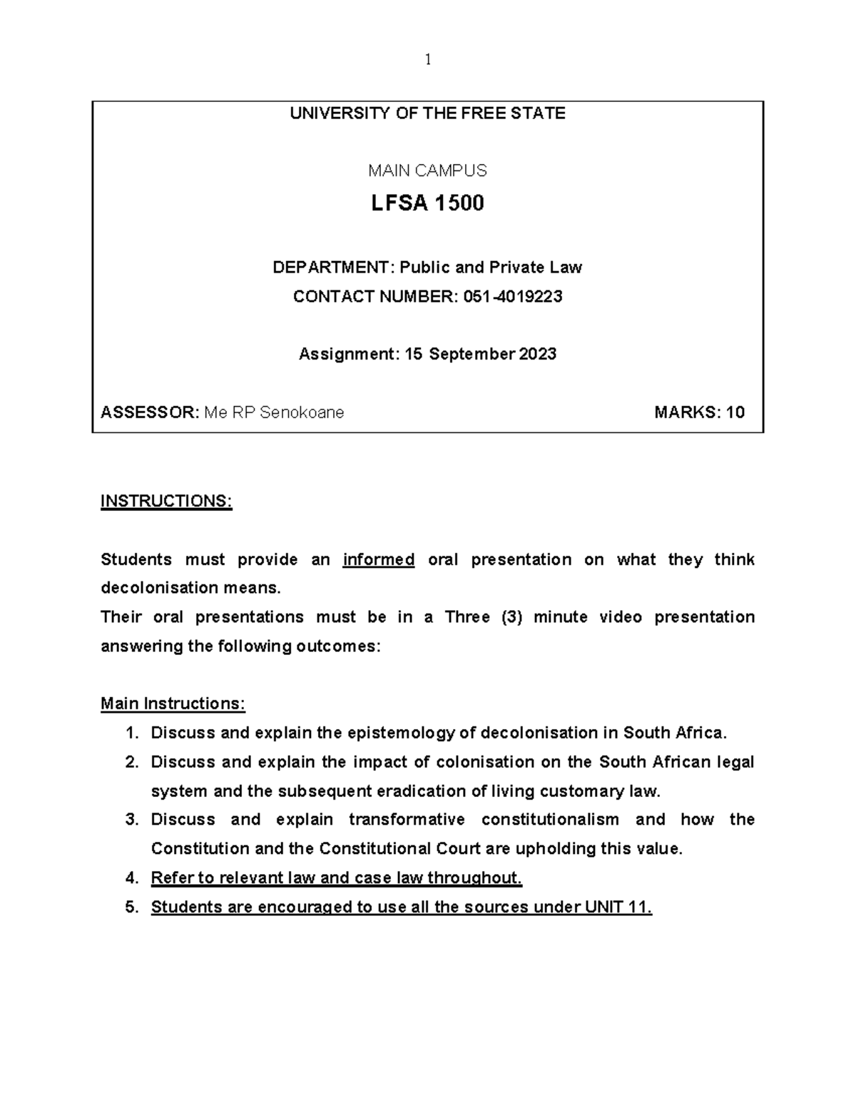 Video Assignment 2023 - 1 UNIVERSITY OF THE FREE STATE MAIN CAMPUS LFSA ...