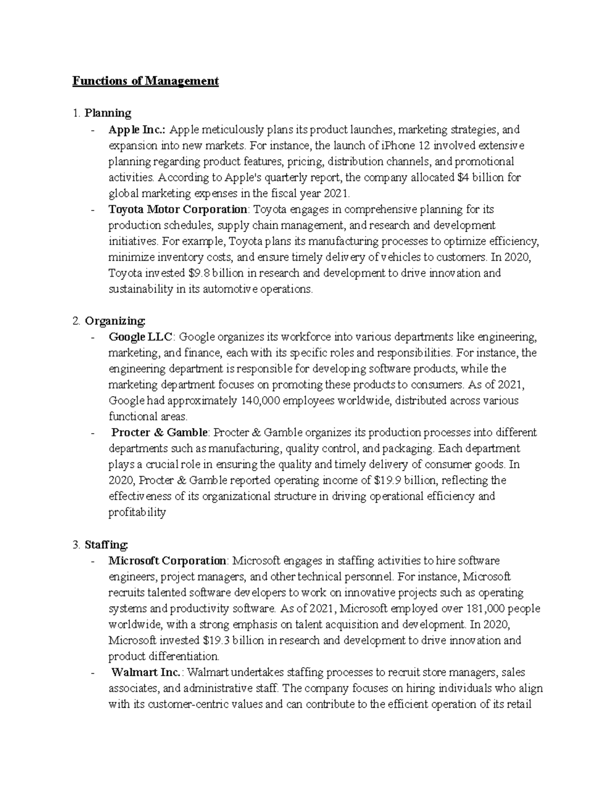 Functions of Management- Examples - Functions of Management Planning ...
