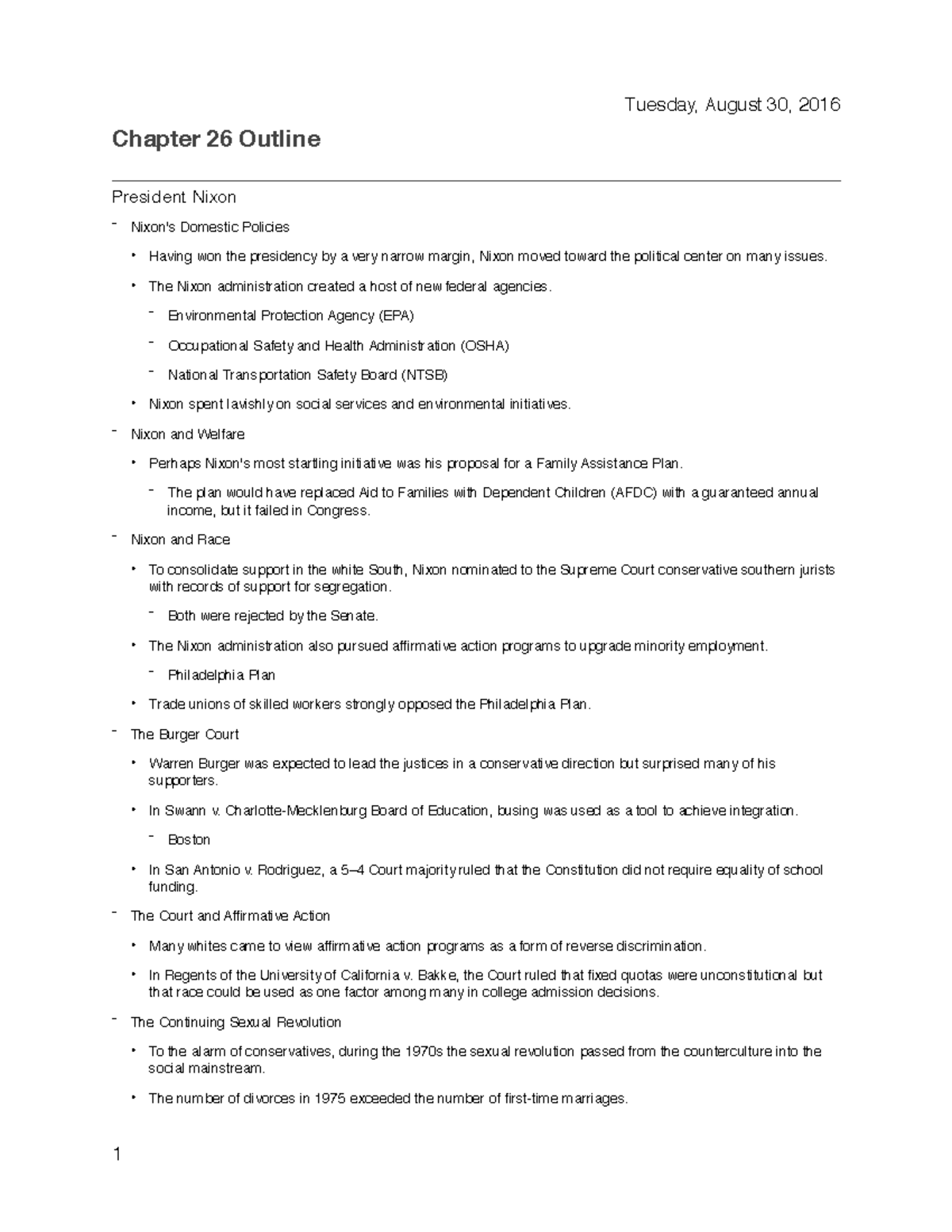Chapter 26 Outline - Chapter 26 Outline President Nixon - Nixon's ...