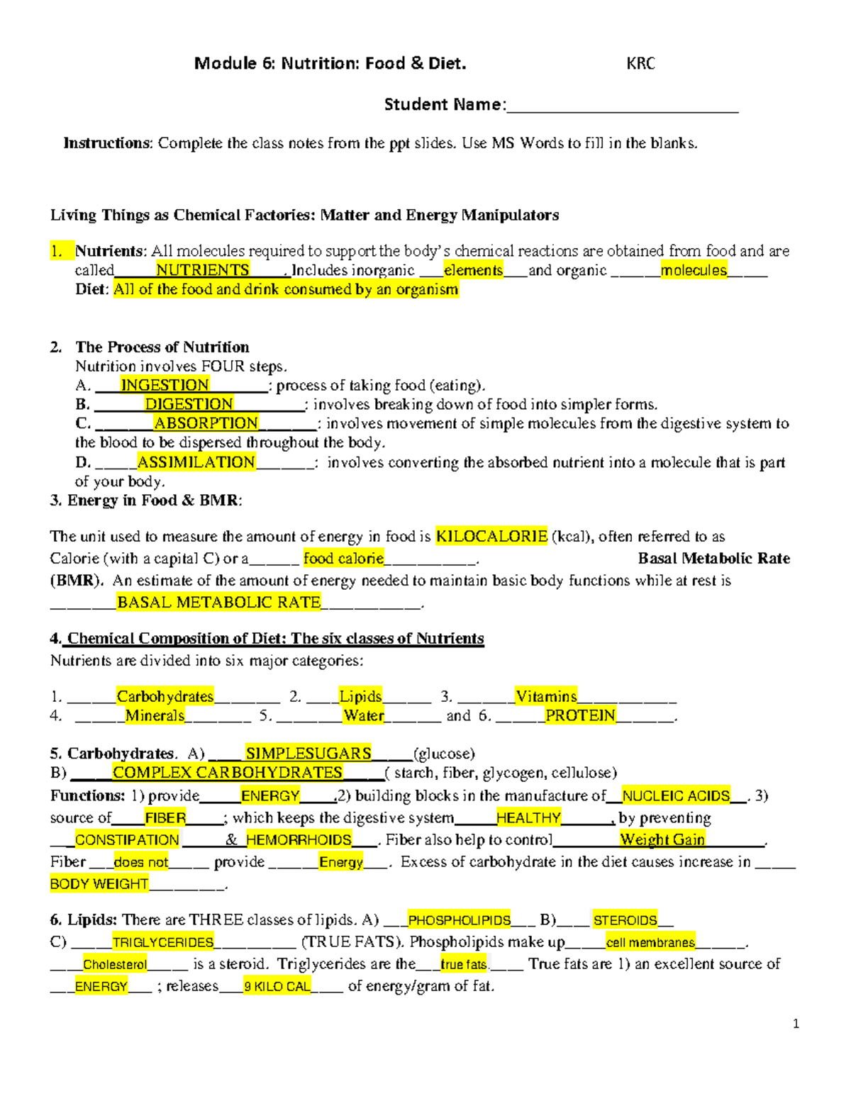 Module 6 Notes 2020 Module 6 Nutrition Food Diet Krc Student