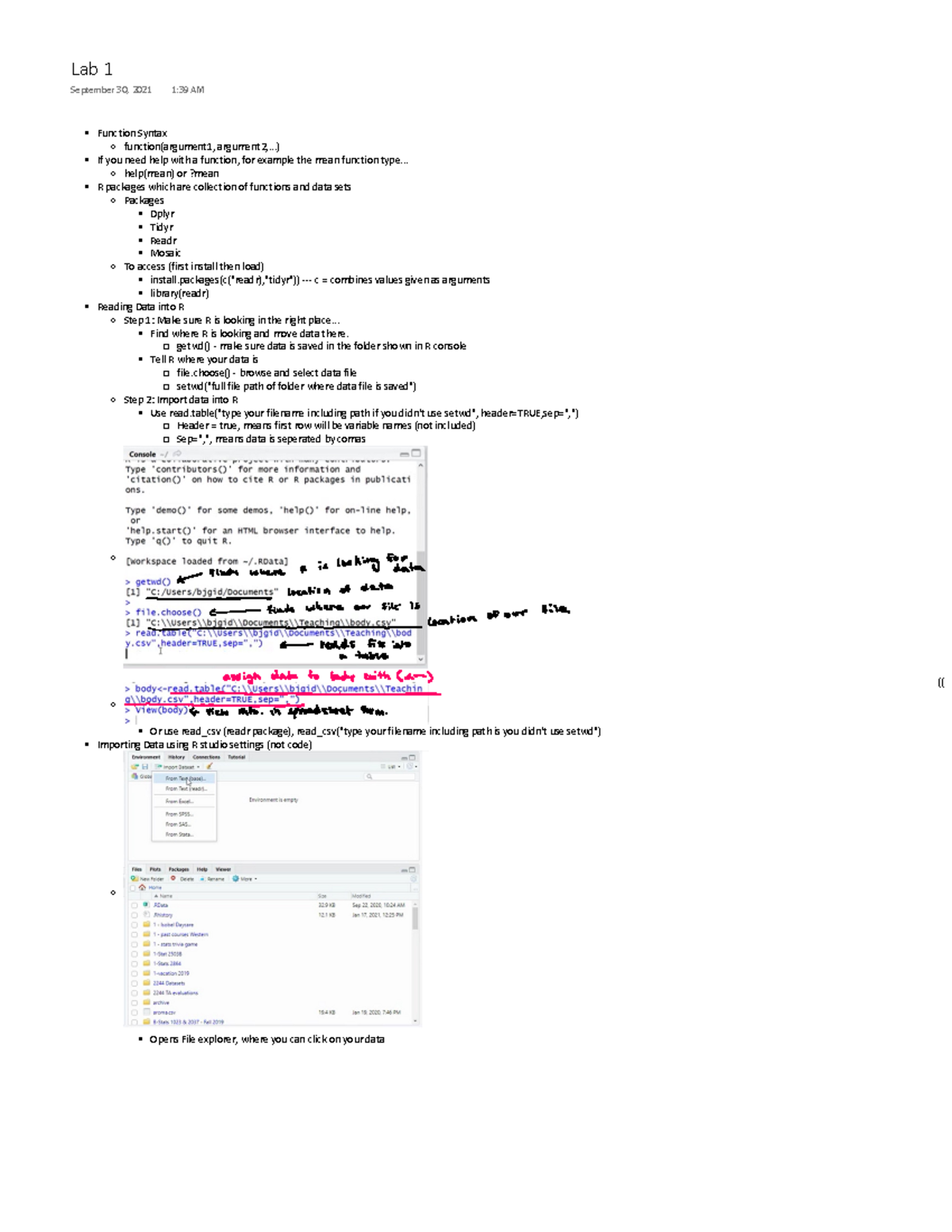 Lab 1 - R lab Notes - Function Syntax function(argument1, argument2 ...