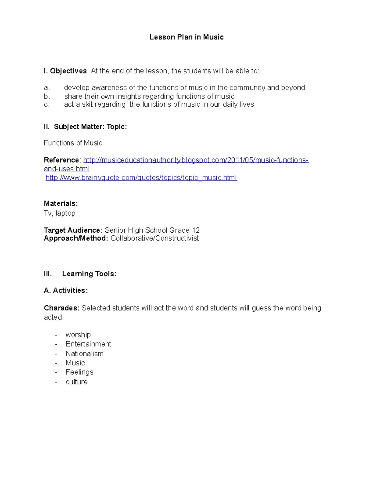 Lesson 3 - MUSIC - Lesson Plan in Music I. Objectives : At the end of ...