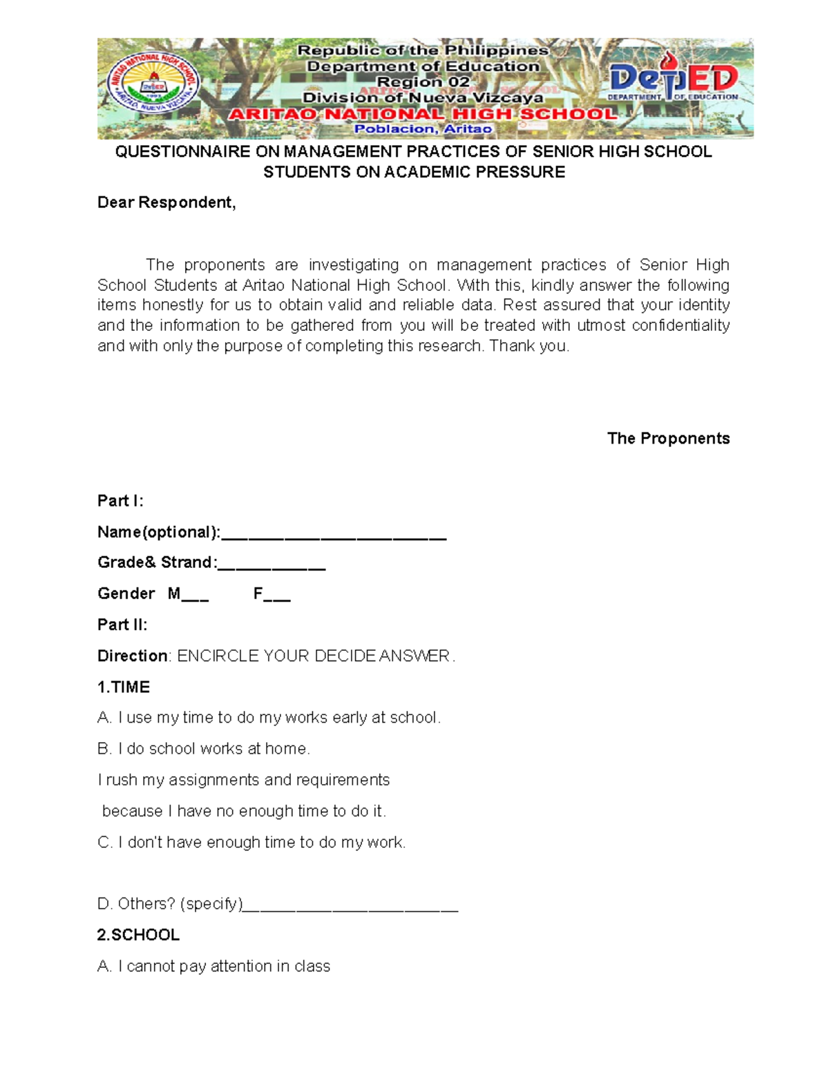 Questionnaire ON Academic Pressure - QUESTIONNAIRE ON MANAGEMENT ...