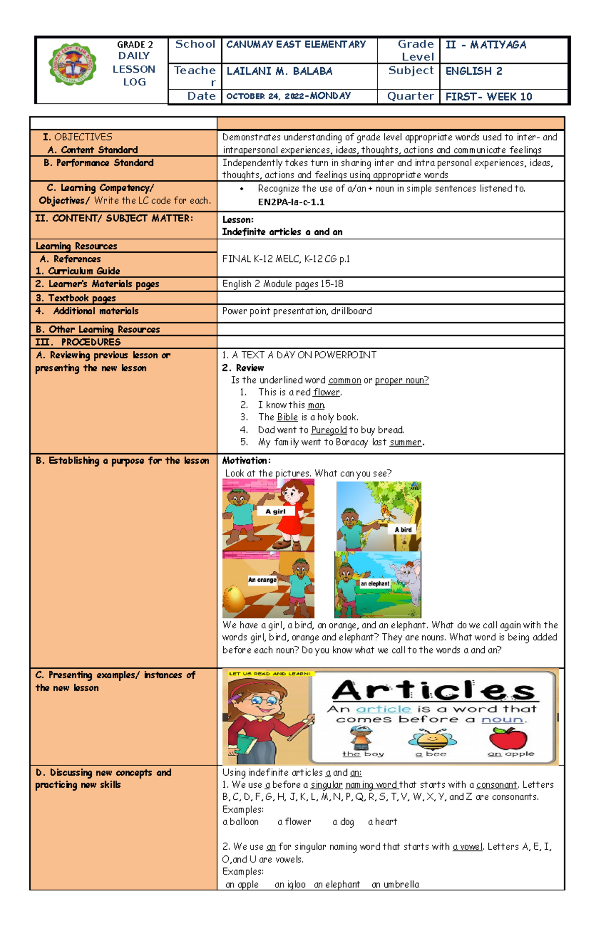DLP= English-Q1-WEEK 4-DAY 1-5 - GRADE 2 DAILY LESSON LOG School CANUMAY EAST ELEMENTARY Grade ...