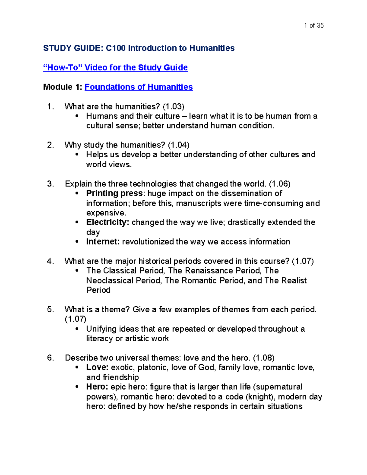 C100 study guide - STUDY GUIDE: C100 Introduction to Humanities “How-To ...