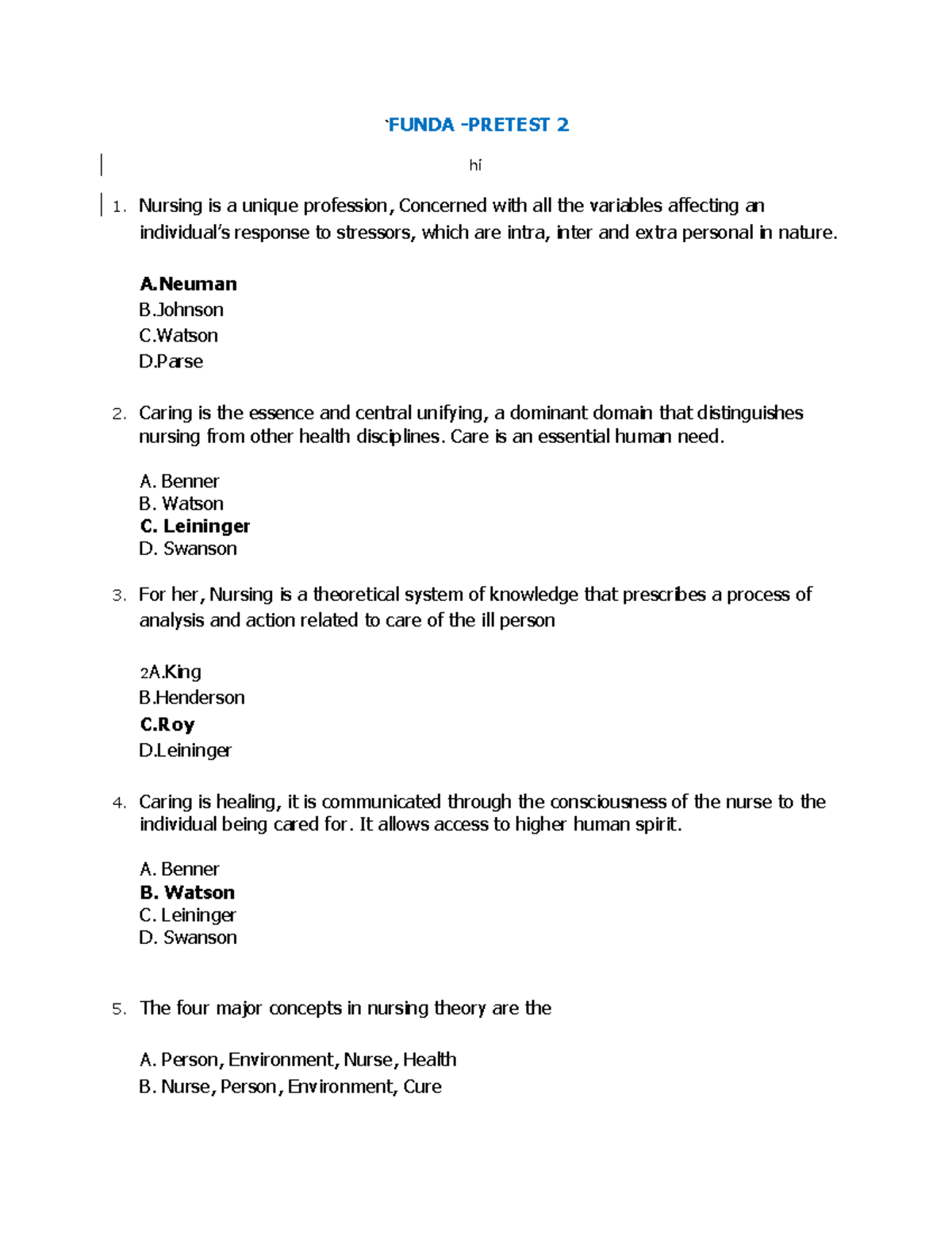 Fundamental nursing pre test questions - `FUNDA -PRETEST 2 hi 1 ...