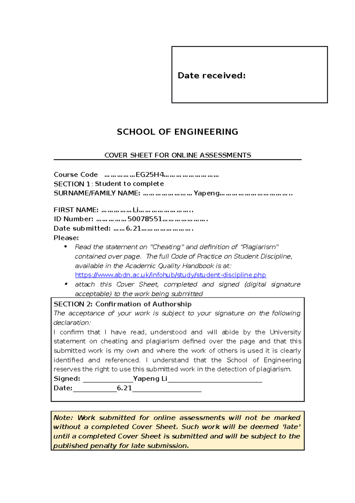 EG25H4 - 12312321 - Date received: SCHOOL OF ENGINEERING COVER SHEET ...