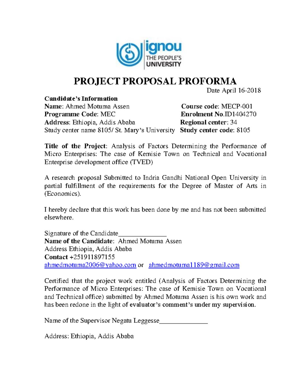 Ahmed Motuma Assen proposal - PROJECT PROPOSAL PROFORMA Date April 16 ...