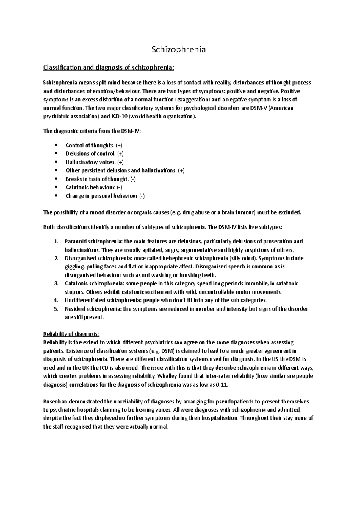Schizophrenia Notes - Schizophrenia Classification and diagnosis of ...