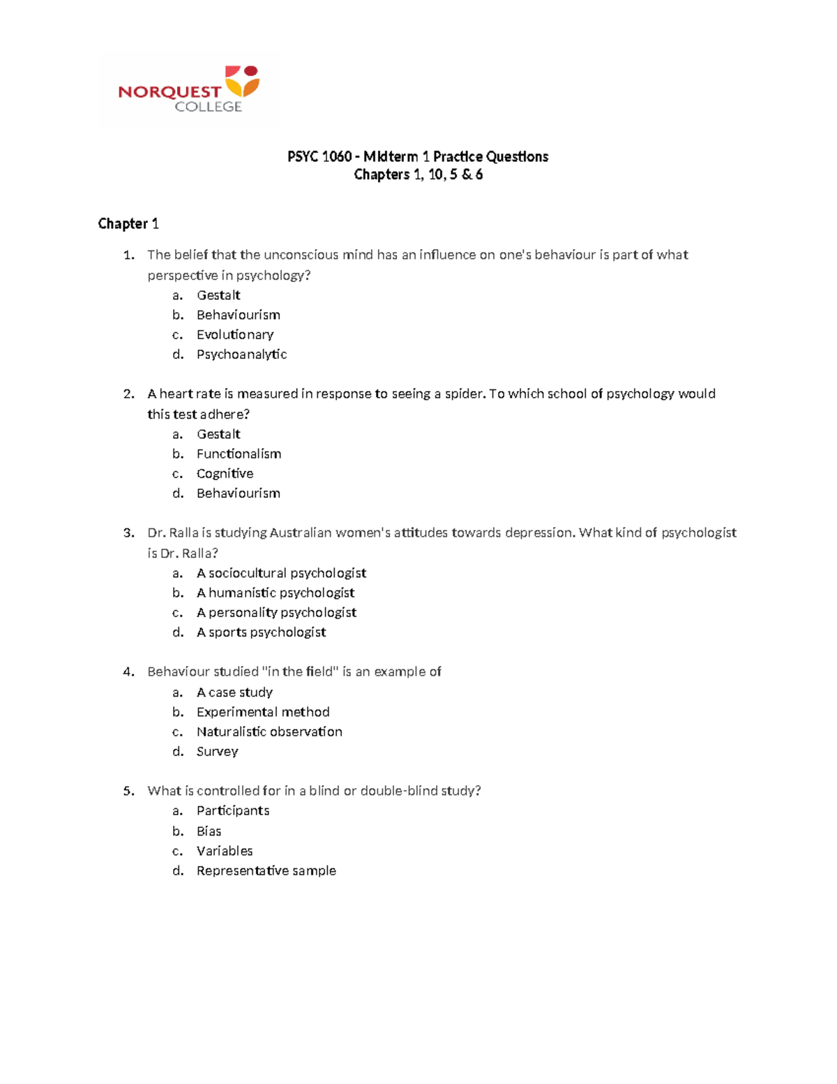 PSYC 1060 - Midterm 1 Practice Questions - PSYC 1060 - Midterm 1 Practice Questions Chapters 1 ...