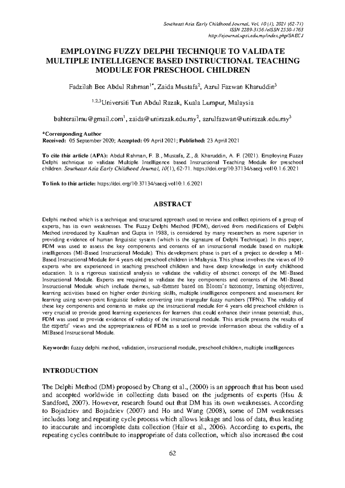 Employing Fuzzy Delphi Technique To Validate Multiple Intelligence Based Instructional Teaching