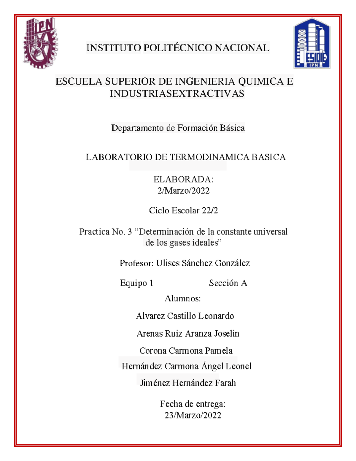 Practica 3 termo - Departamento de Formación Básica LABORATORIO DE TERMODINAMICA BASICA ...