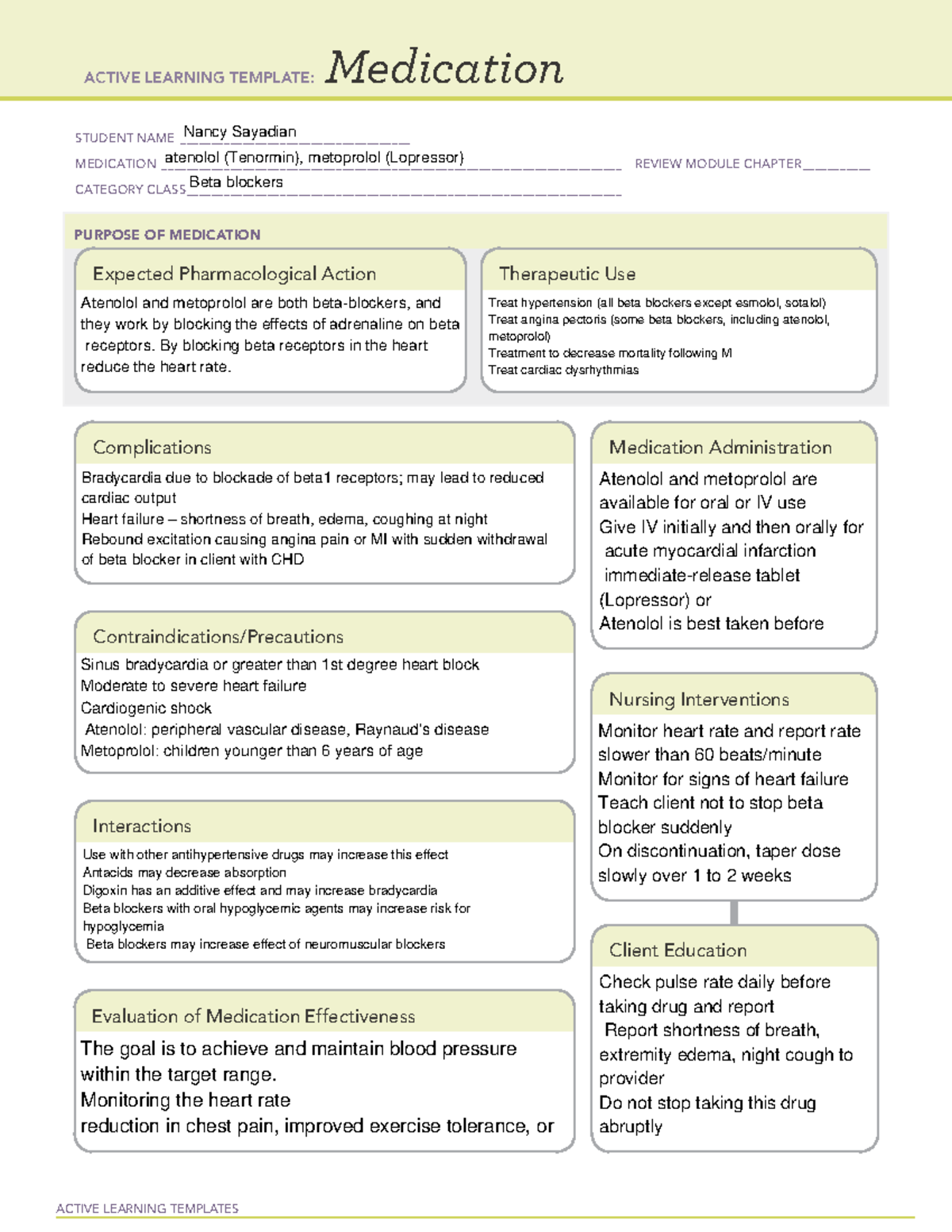 Atenolol, Metoprolol - ATI Meds for cardio - ACTIVE LEARNING TEMPLATES ...