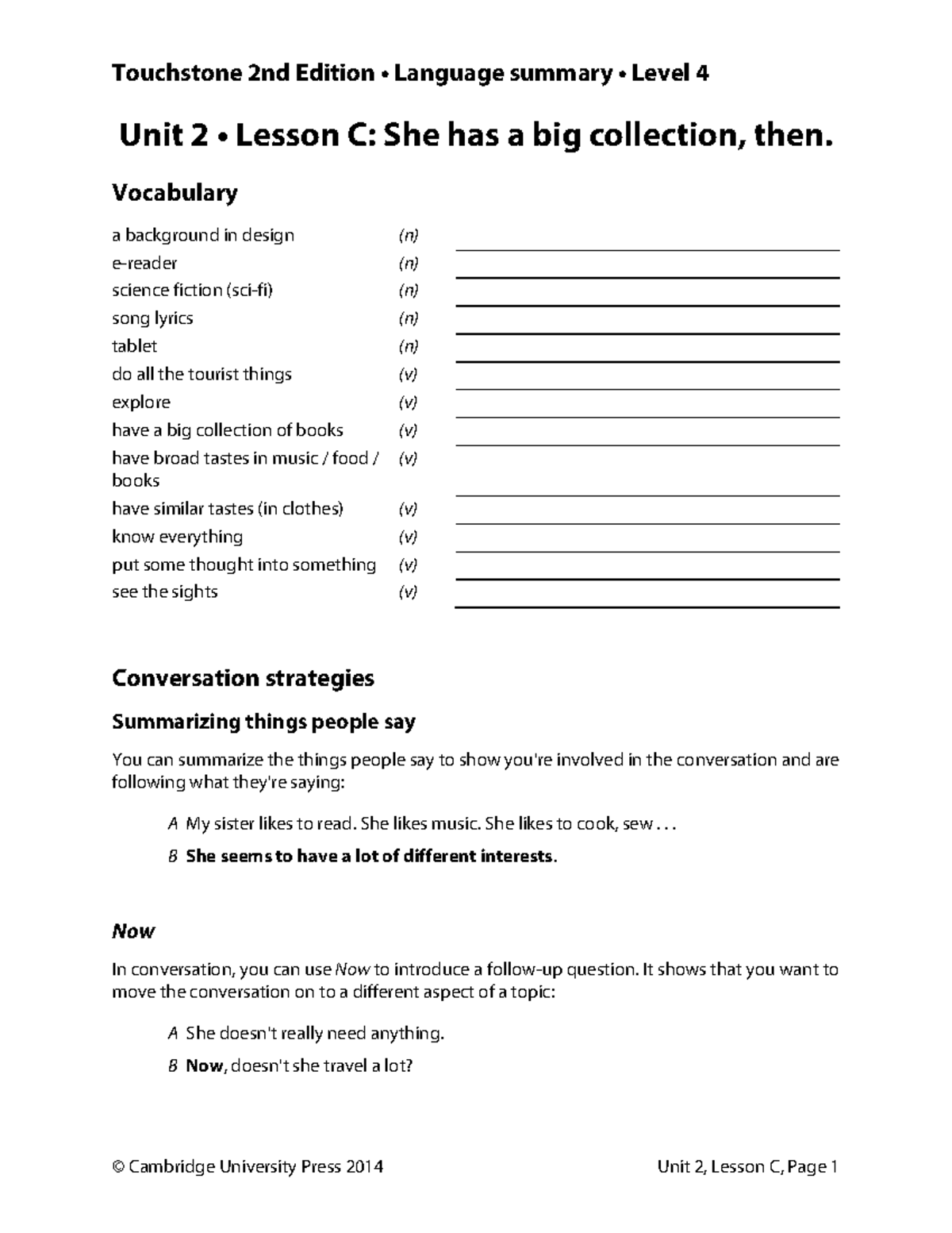 3PDF-Unit 2 - Ingles - Touchstone 2nd Edition • Language summary • Level 4 Unit 2 • Lesson C ...