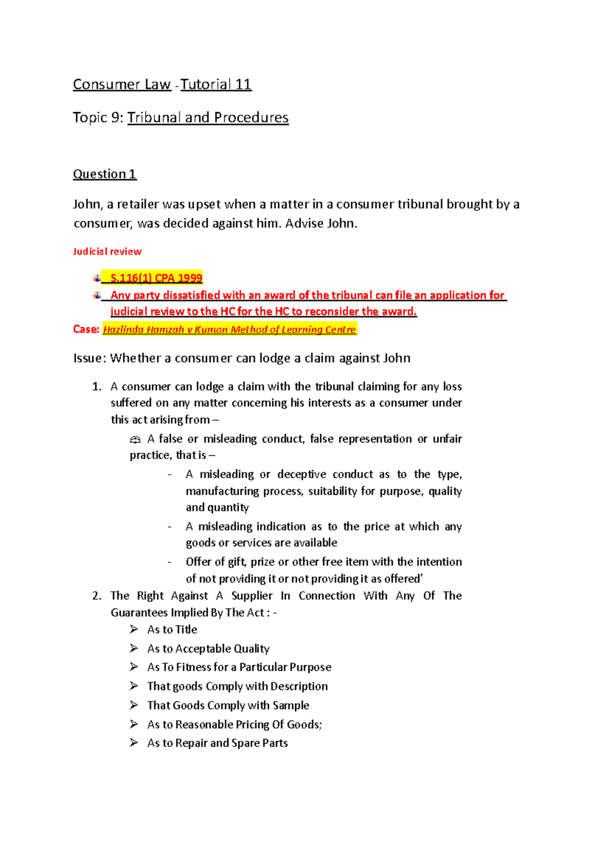 Consumer Law Tut 11 - Tutorial work - Consumer Law - Tutorial 11 Topic 9: Tribunal and ...