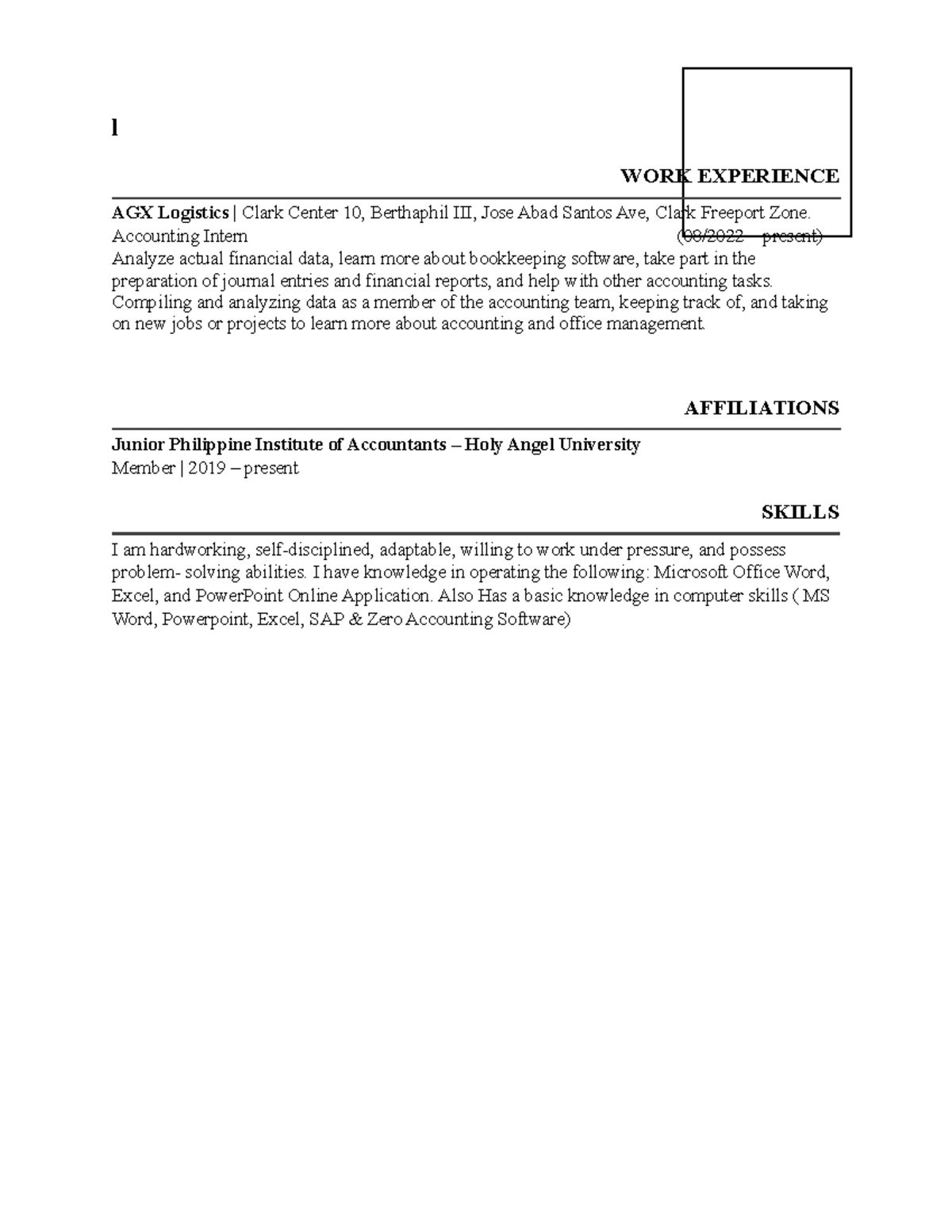 Ok - resumae - l WORK EXPERIENCE AGX Logistics | Clark Center 10 ...