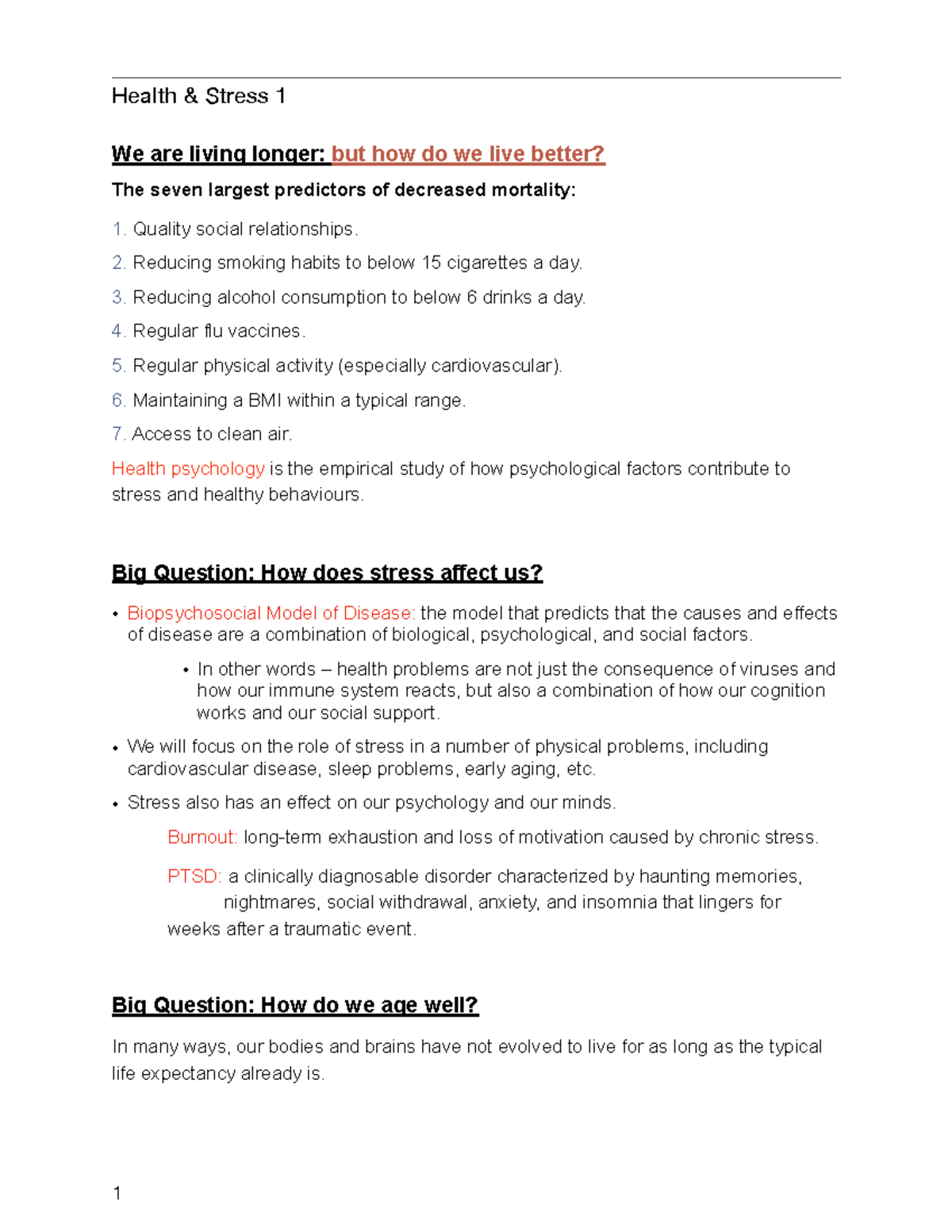 Health and Stress 1 notes - Health & Stress 1 We are living longer: but ...