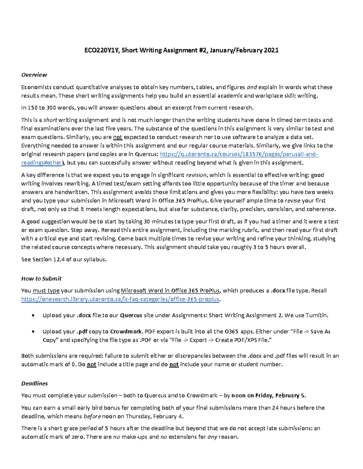 SWA220 2 JAN21 - Assignment 2 Guidelines - ECO220Y1Y, Short Writing ...