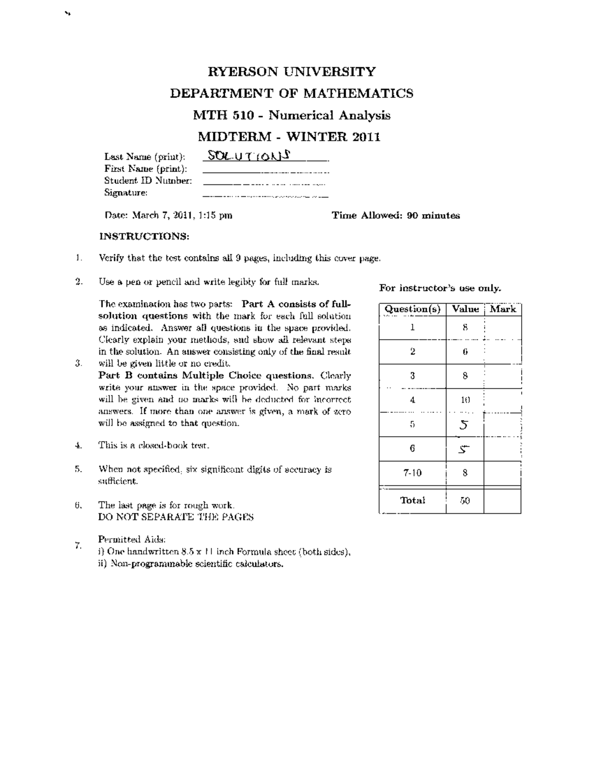 Exam 17 October 2011, questions and answers - Midterm - RYERSON ...