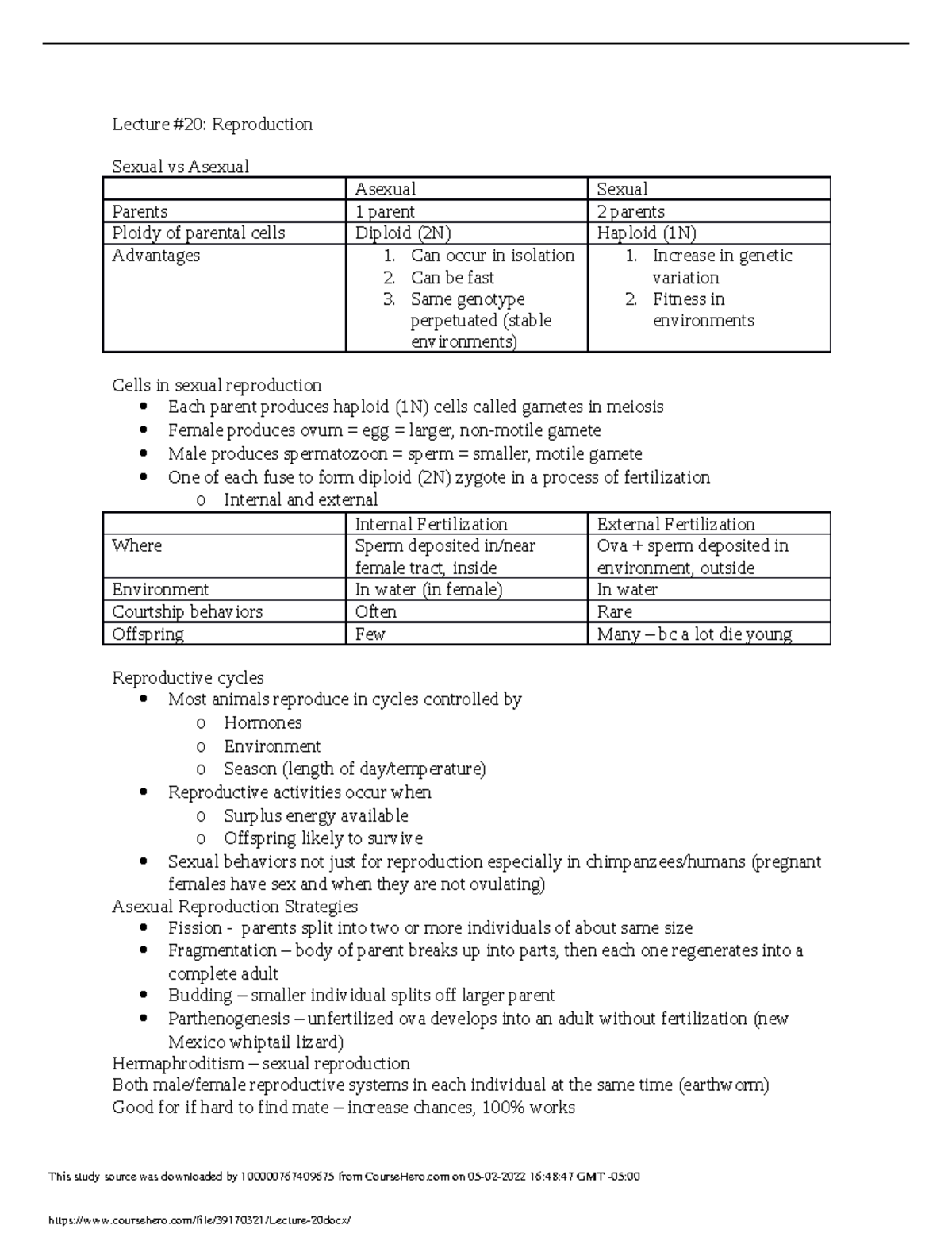 Lecture 20 - BIO 202 Lec Notes - Lecture #20: Reproduction Sexual vs ...