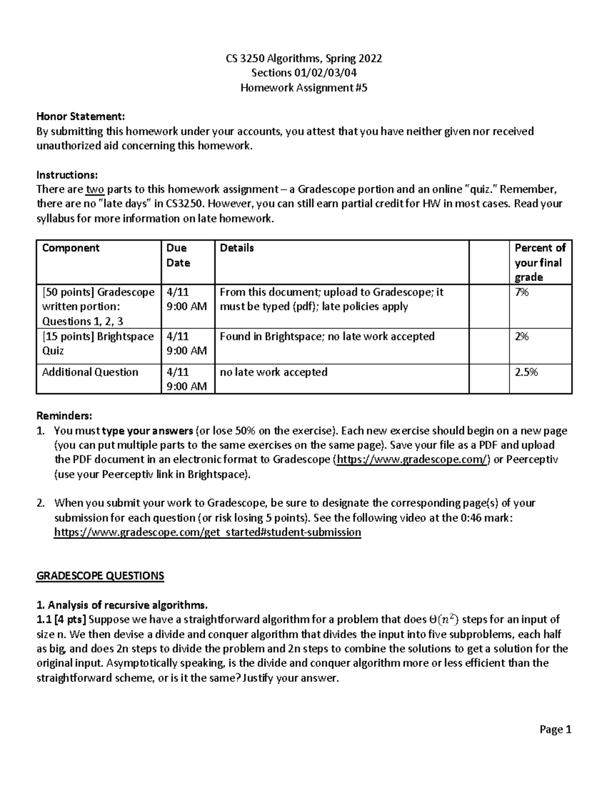 HW 5 - HW 5 - Page 1 CS 3250 Algorithms, Spring 2022 Sections 01/02/03 ...