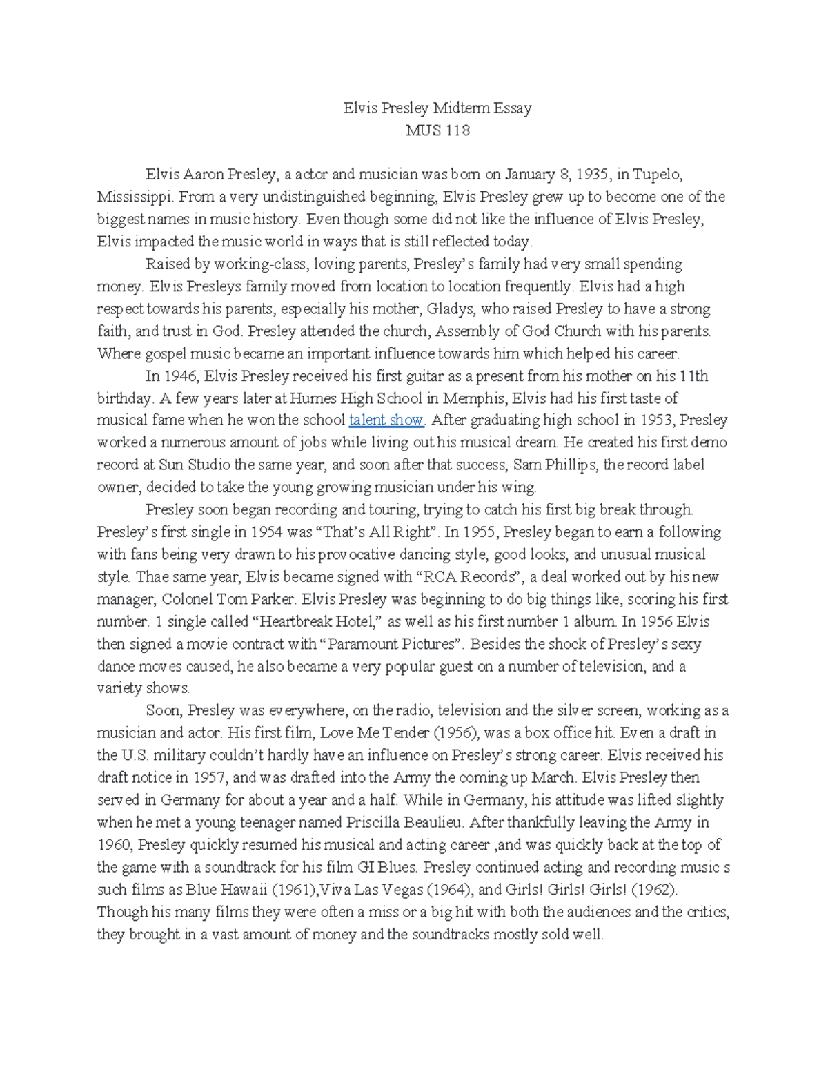 MUS 118 Elvis Presly Midterm - Elvis Presley Midterm Essay MUS 118 ...