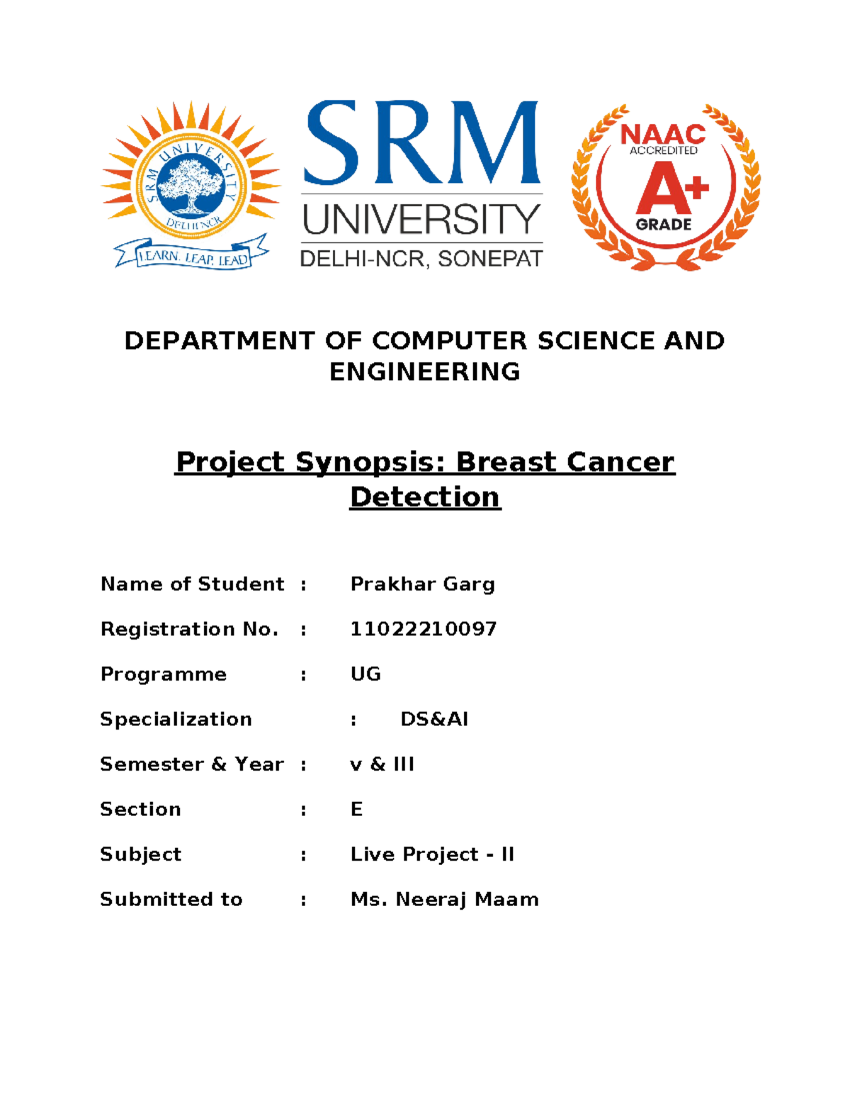 LIVE Project 2 Synopsis - DEPARTMENT OF COMPUTER SCIENCE AND ...