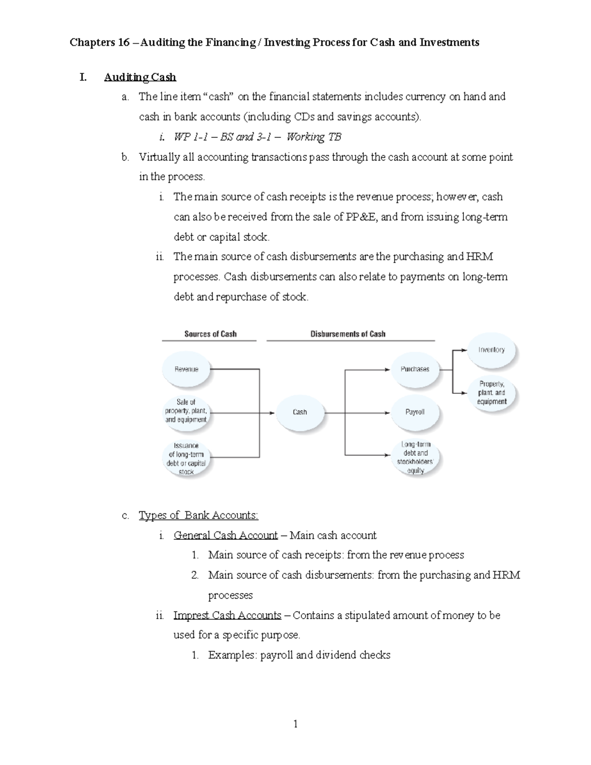 Chapter 16 Lecture - I. Auditing Cash a. The line item “cash” on the ...