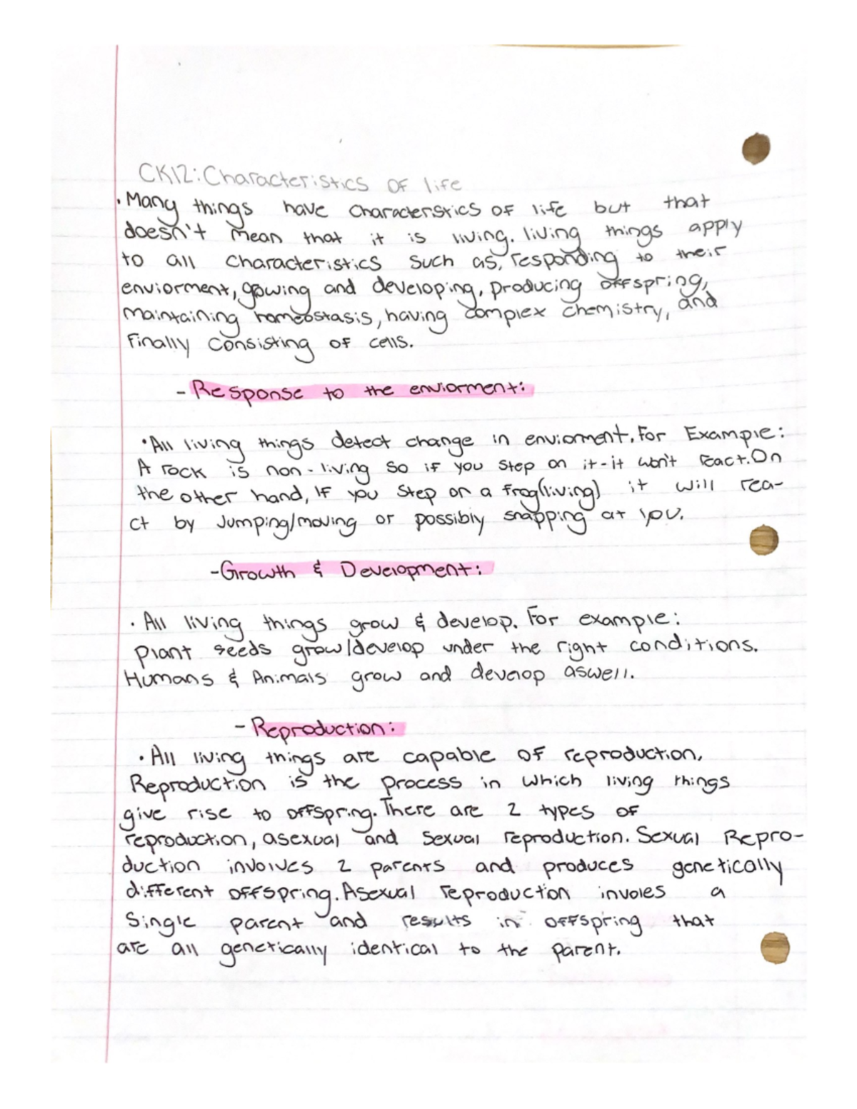 CK12 Characteristics of life notes - BIO 111 - Studocu