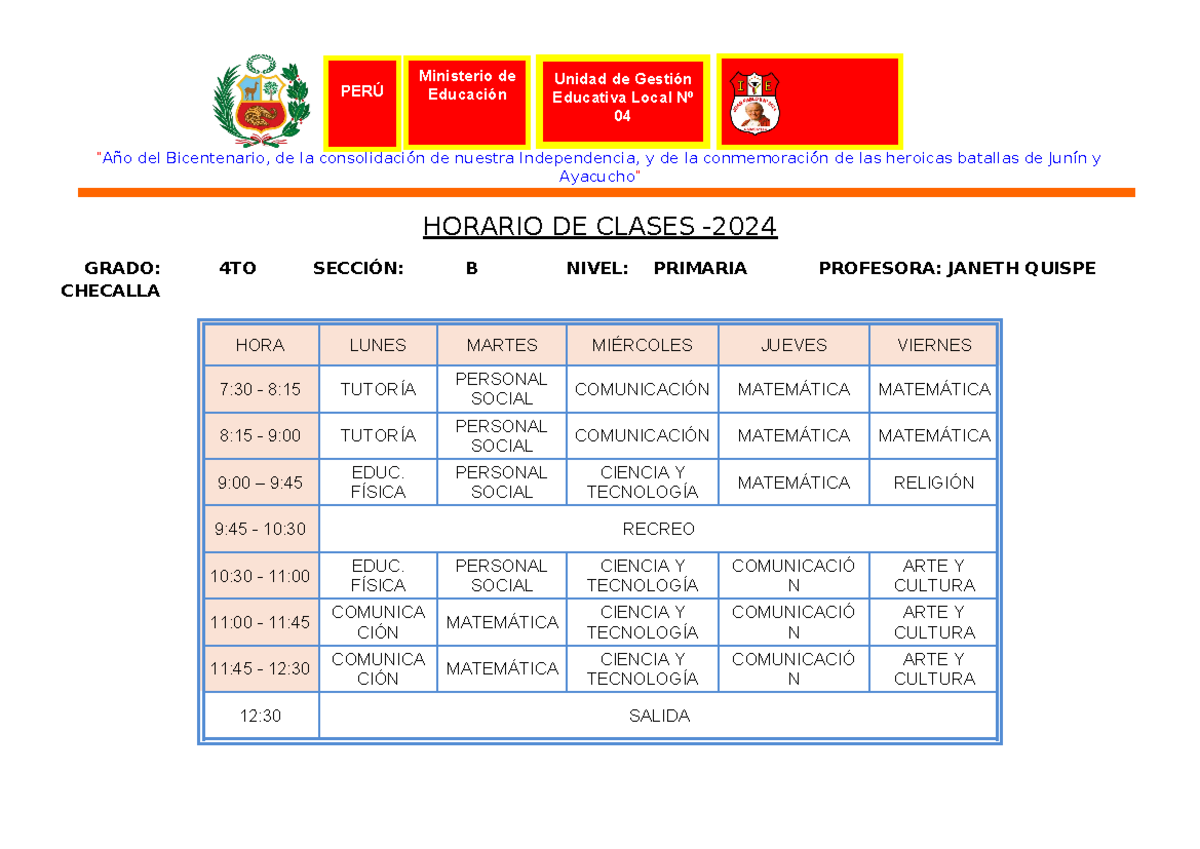 Horario DE Clases 4TO B - PERÚ Ministerio de Educación Unidad de ...